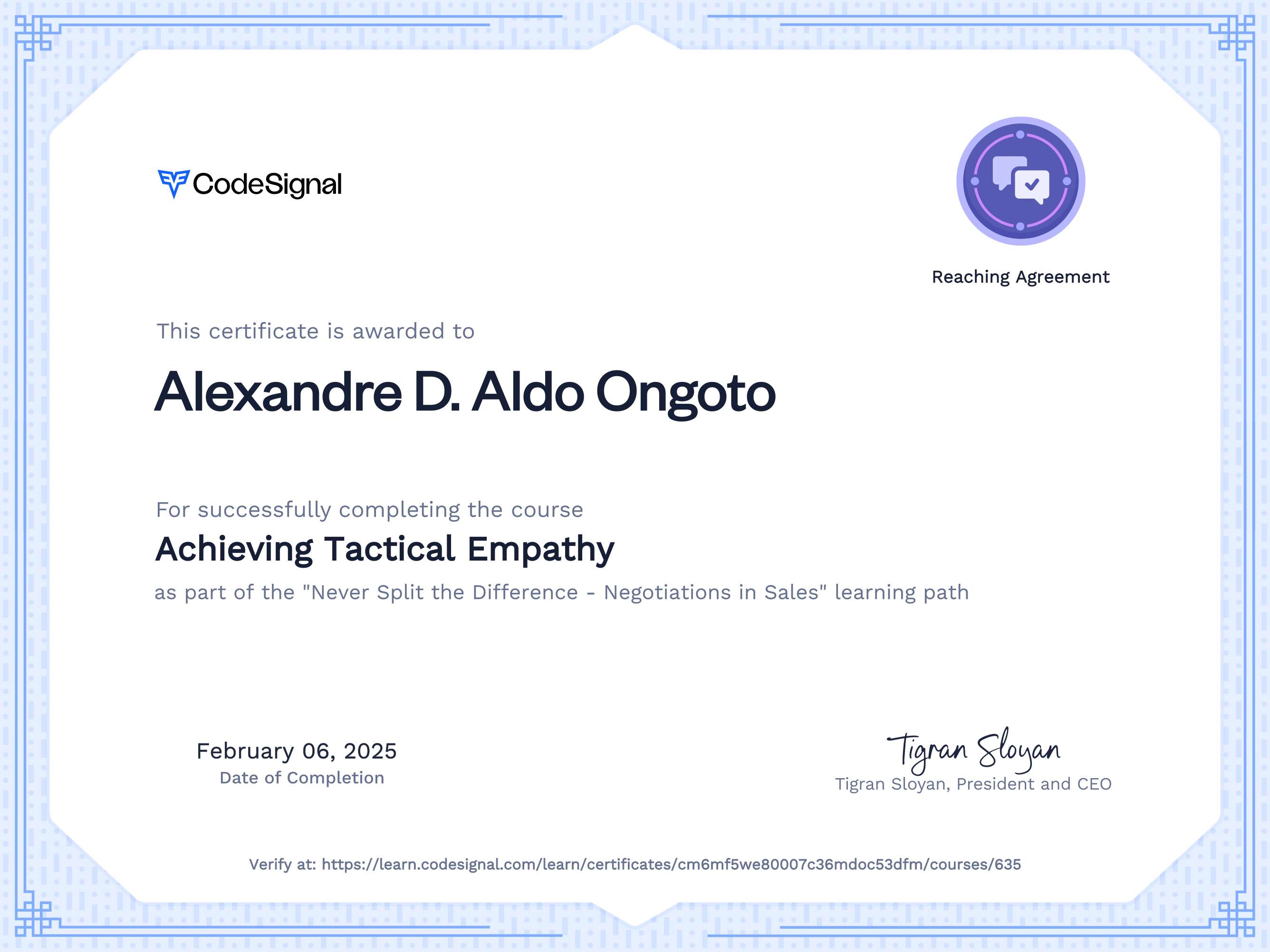 Course certificate for Achieving Tactical Empathy | CodeSignal Learn