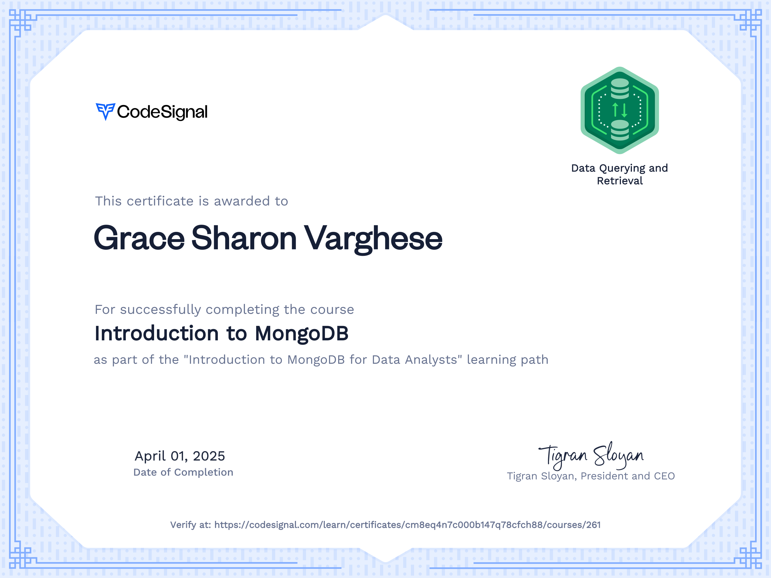 Course certificate for Introduction to MongoDB | CodeSignal Learn