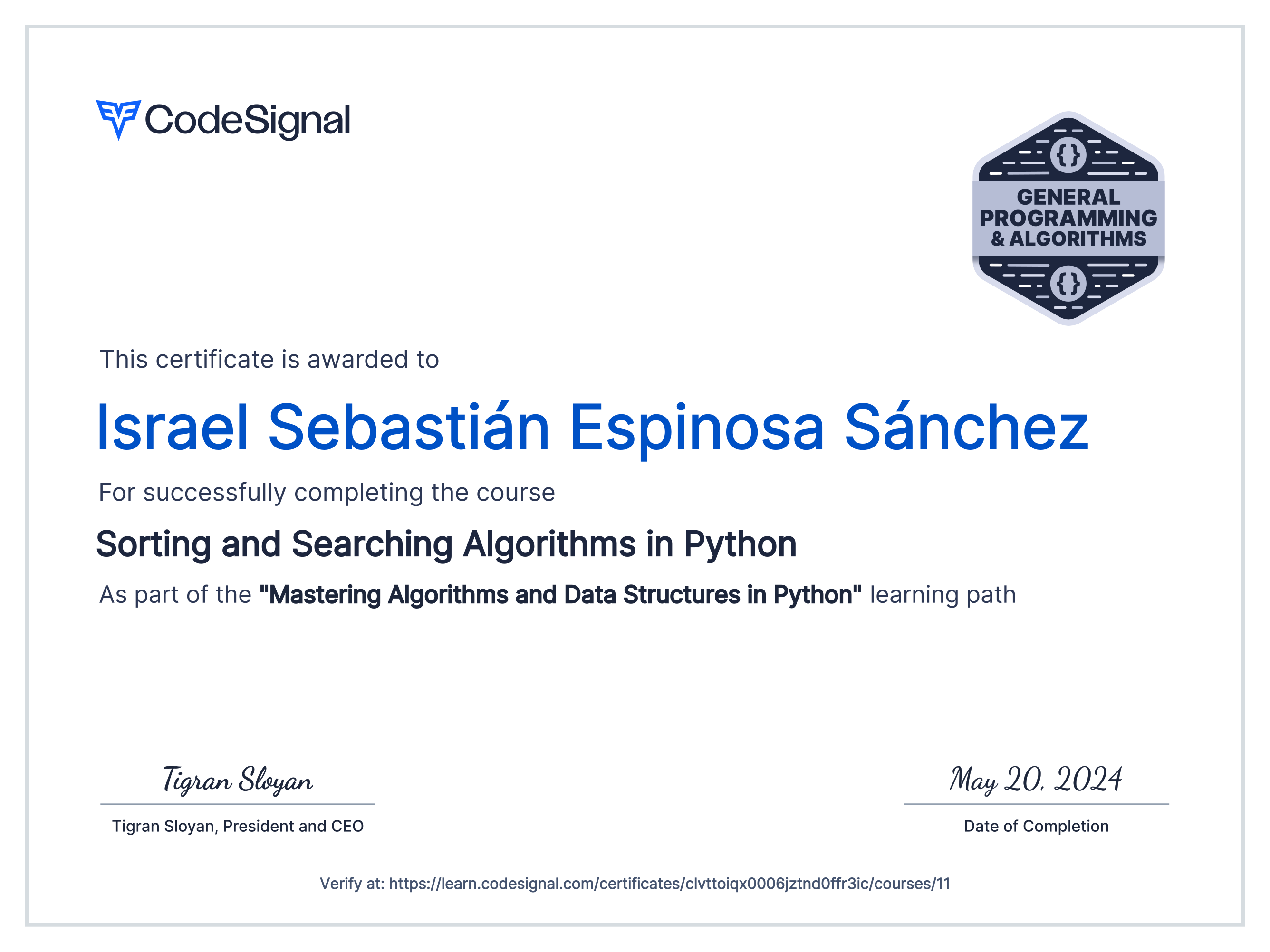 Course certificate for Sorting and Searching Algorithms in Python | CodeSignal Learn