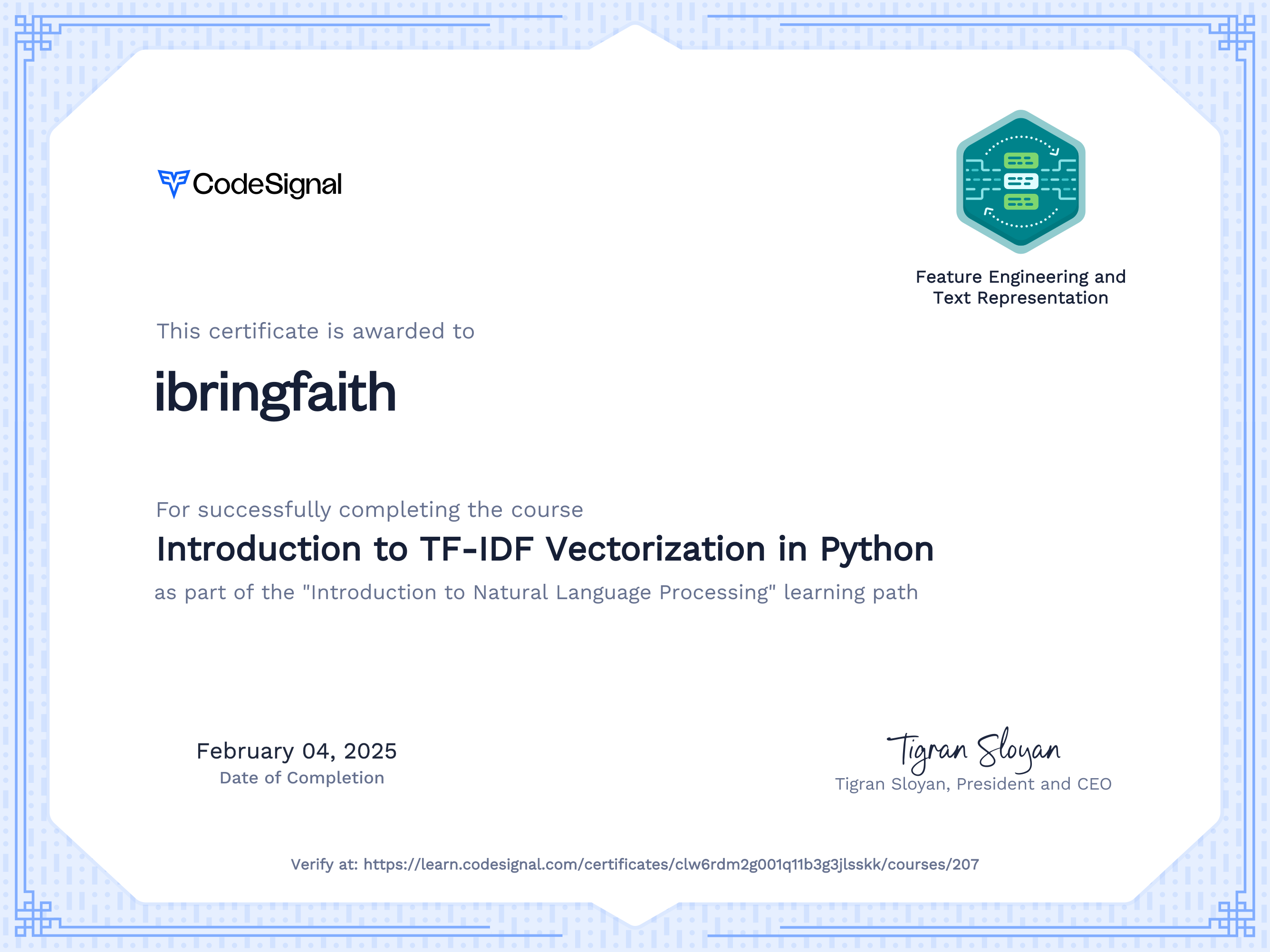 Course certificate for Introduction to TF-IDF Vectorization in Python | CodeSignal Learn