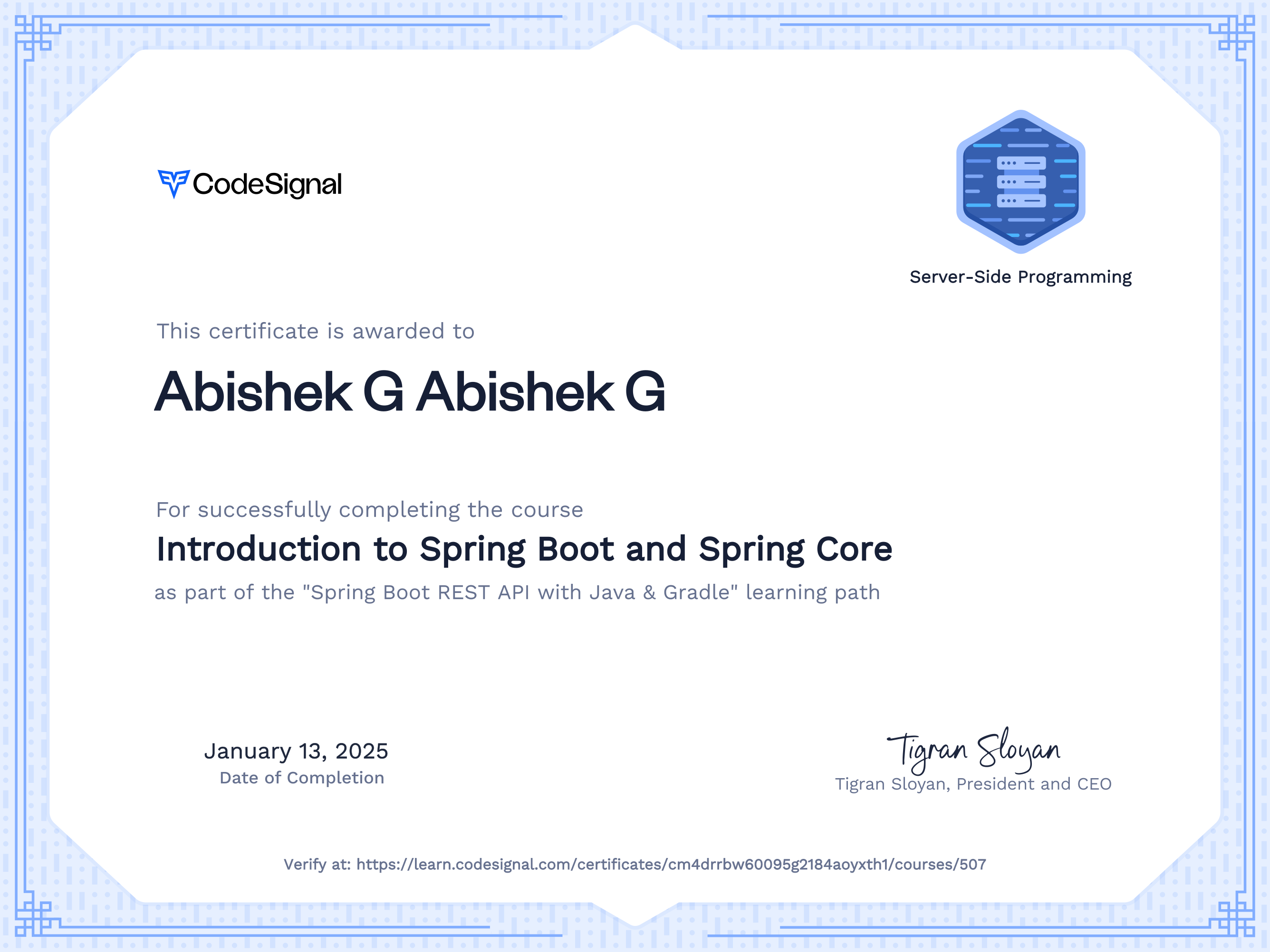 Course certificate for Introduction to Spring Boot and Spring Core | CodeSignal Learn