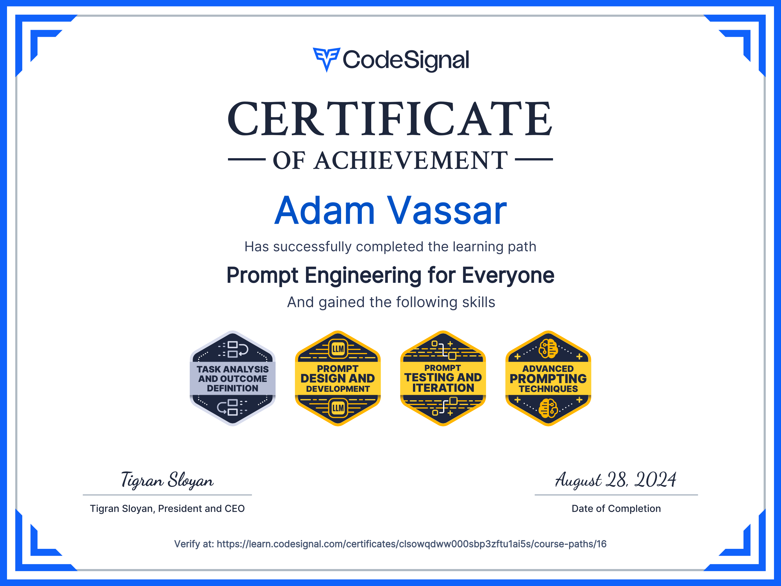 Path certificate for Prompt Engineering for Everyone | CodeSignal Learn