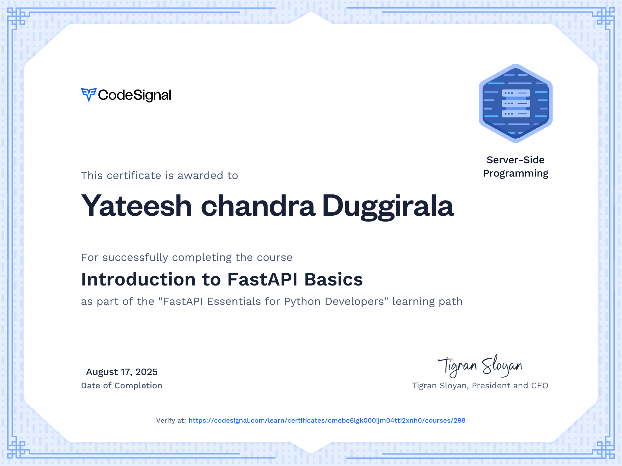 Course certificate for Introduction to FastAPI Basics | CodeSignal Learn