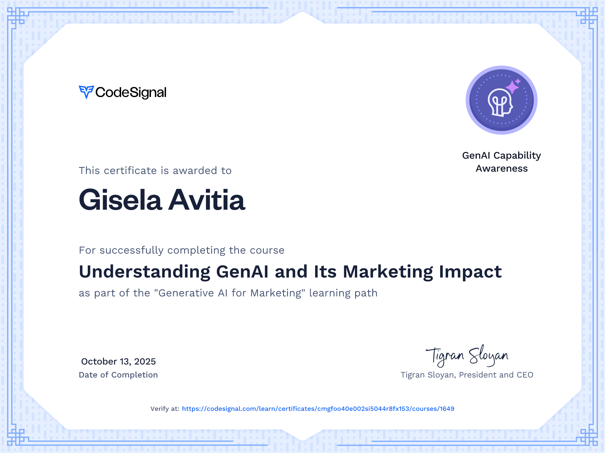 Course certificate for Understanding GenAI and Its Marketing Impact ...
