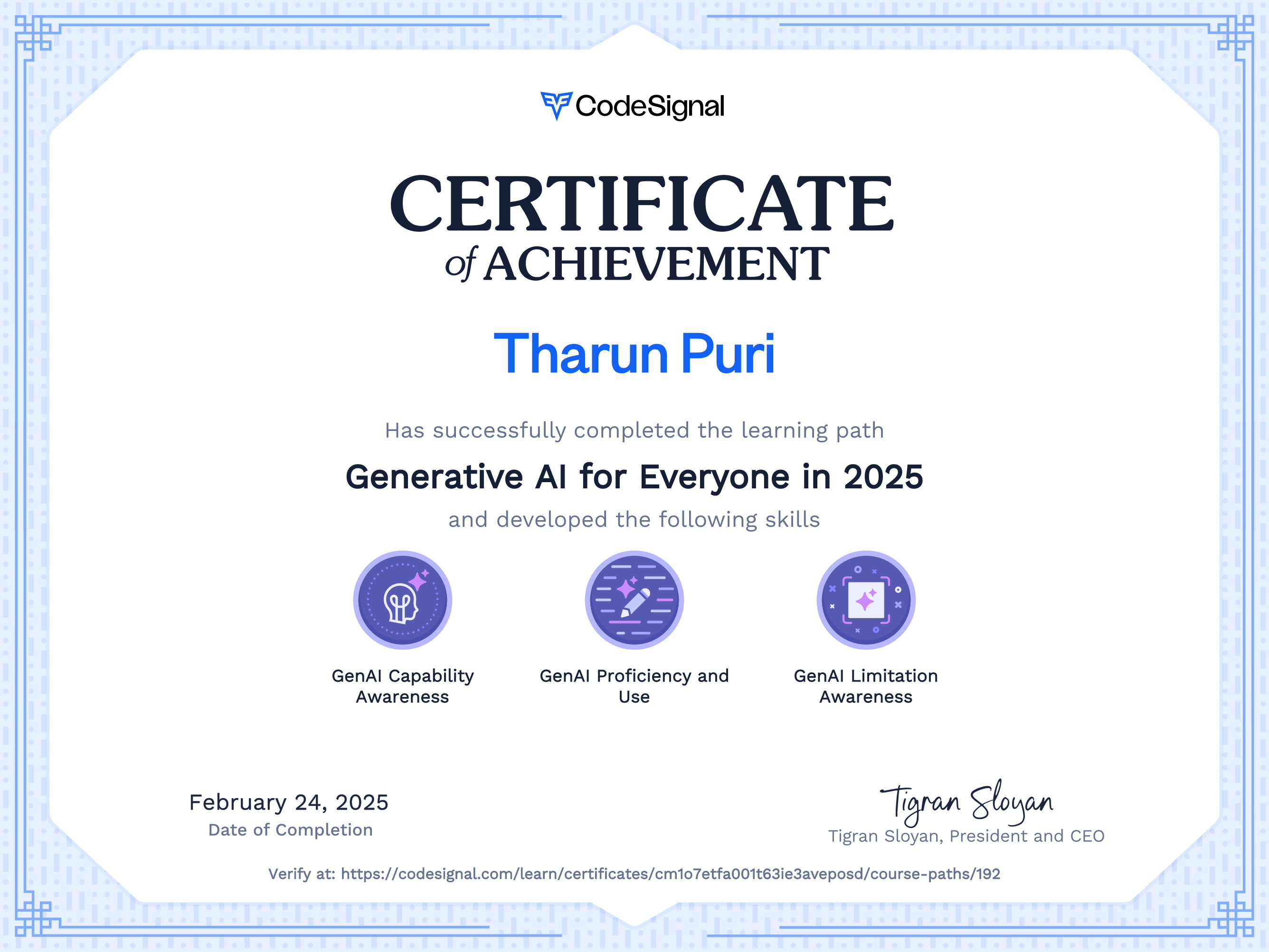 Path certificate for Generative AI for Everyone in 2025 | CodeSignal Learn