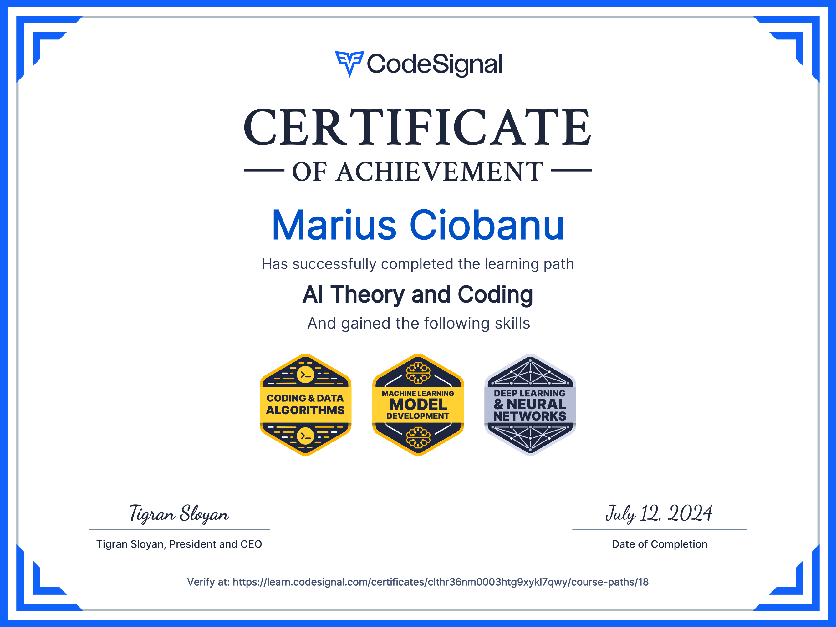 Path certificate for Implementing AI Algorithms from Scratch | CodeSignal Learn