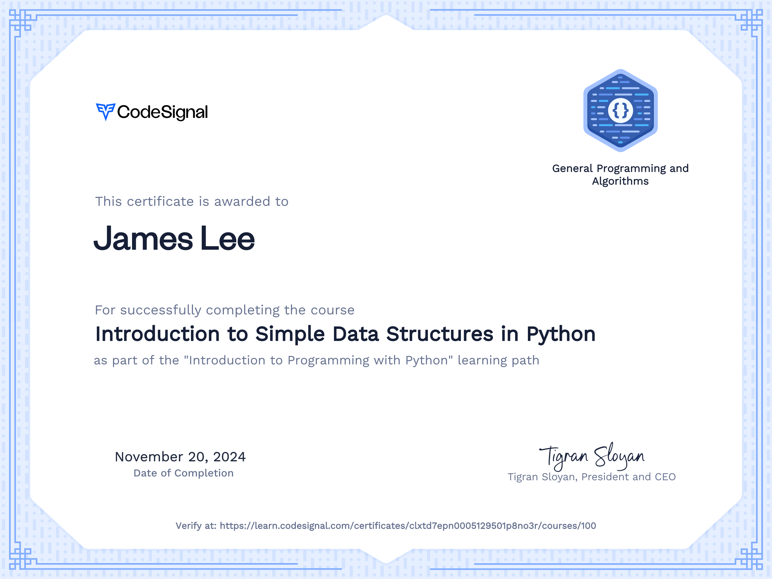 Course certificate for Introduction to Simple Data Structures in Python ...