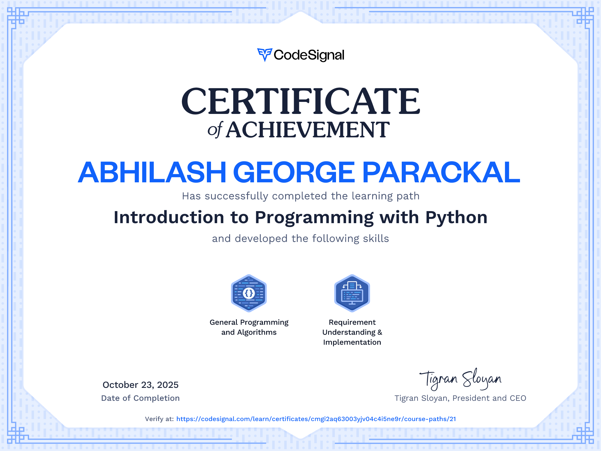 Path certificate for Introduction to Programming with Python | CodeSignal Learn