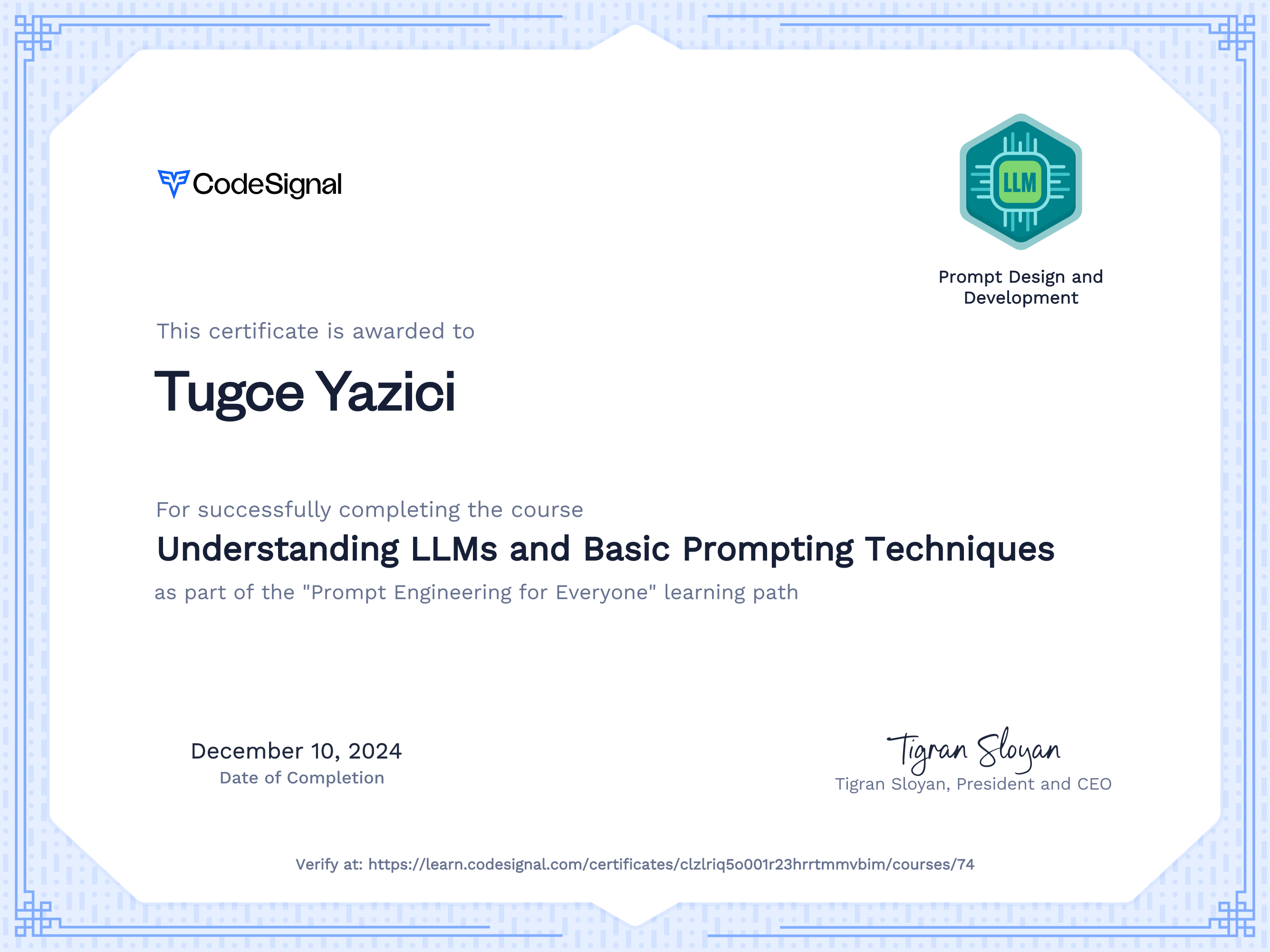 Course certificate for Understanding LLMs and Basic Prompting Techniques | CodeSignal Learn