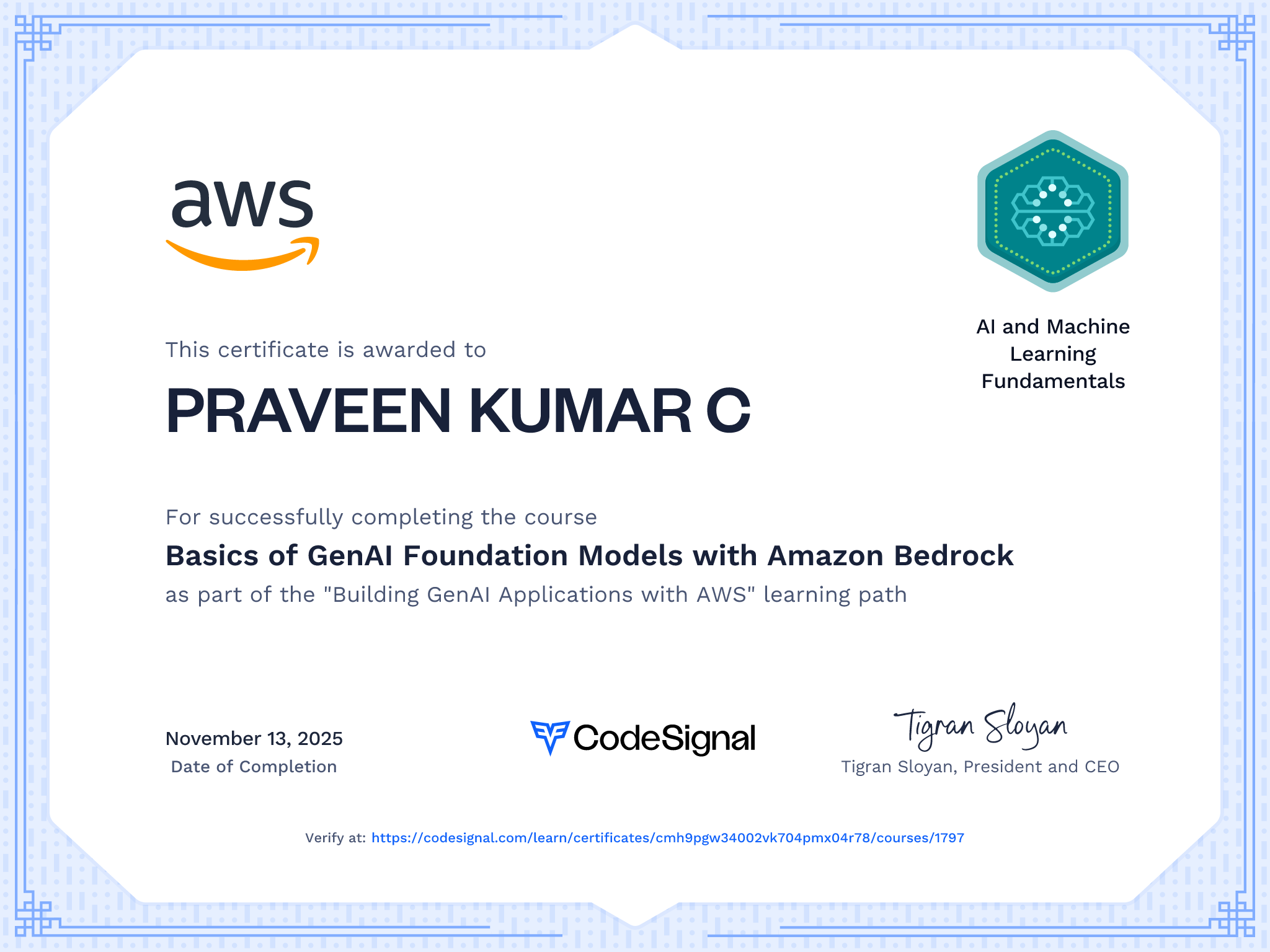 Course certificate for Basics of GenAI Foundation Models with Amazon ...