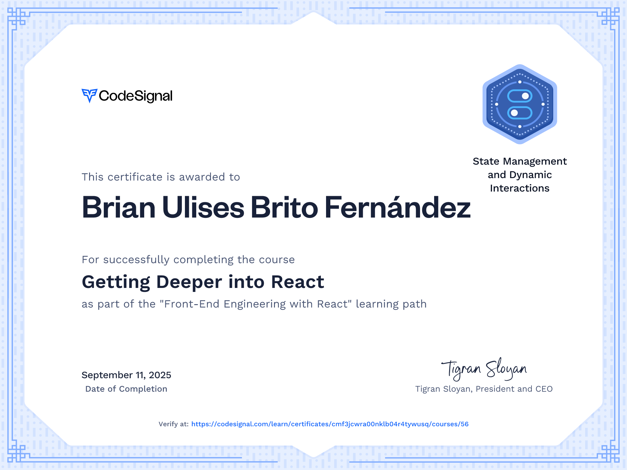 Course certificate for Getting Deeper into React | CodeSignal Learn