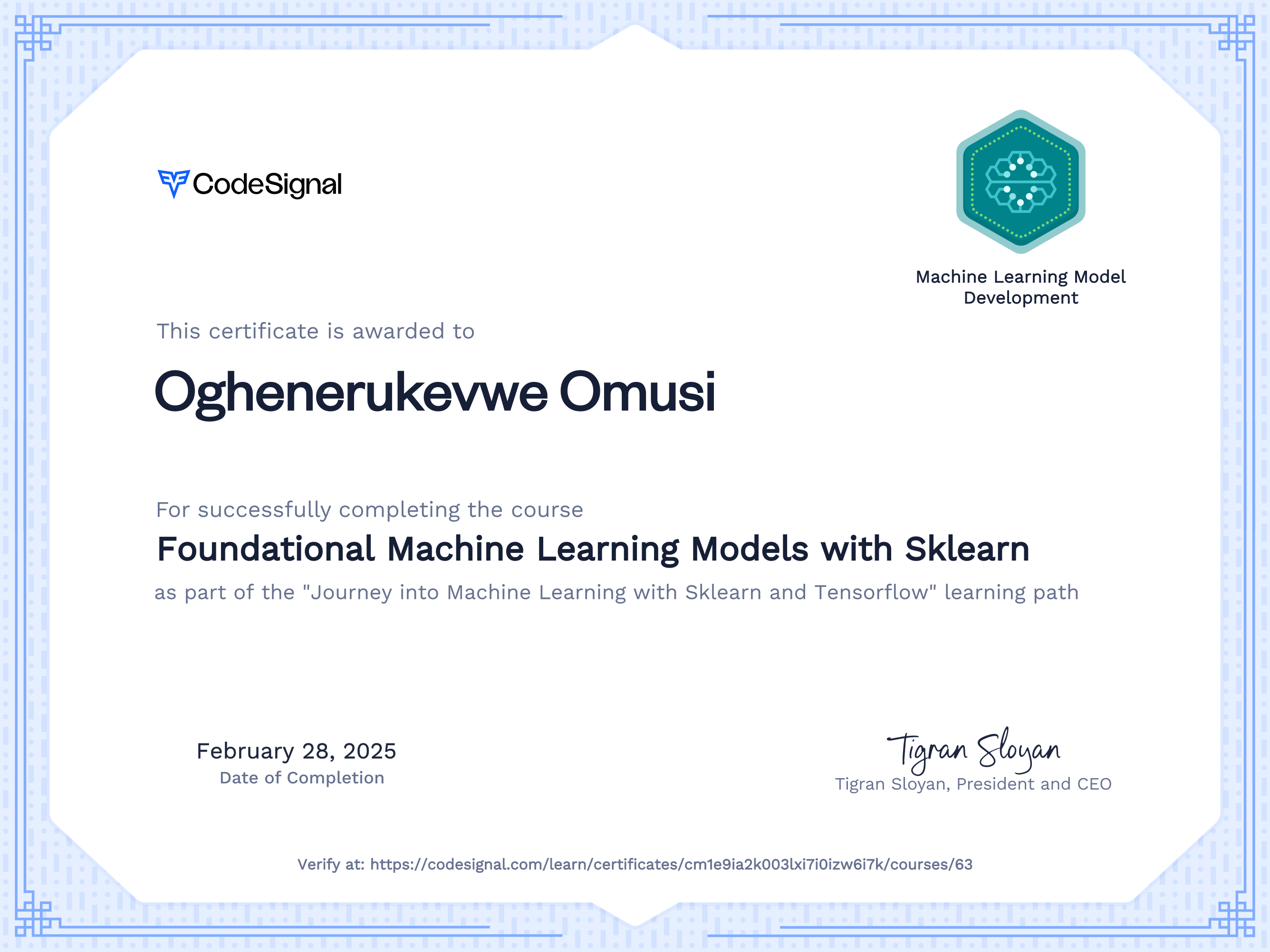 Course certificate for Foundational Machine Learning Models with ...