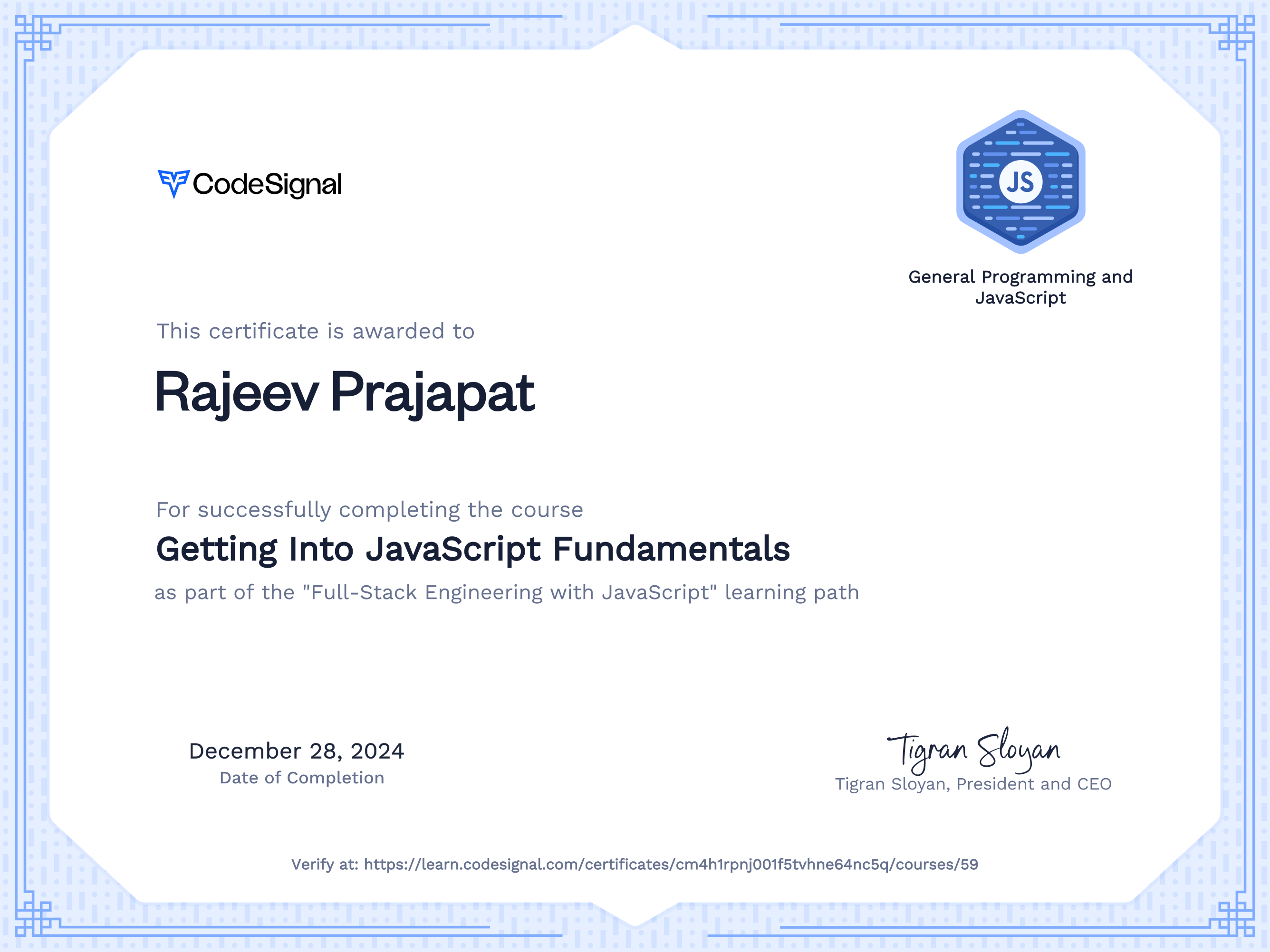 Course Certificate For Getting Into Javascript Fundamentals Codesignal Learn