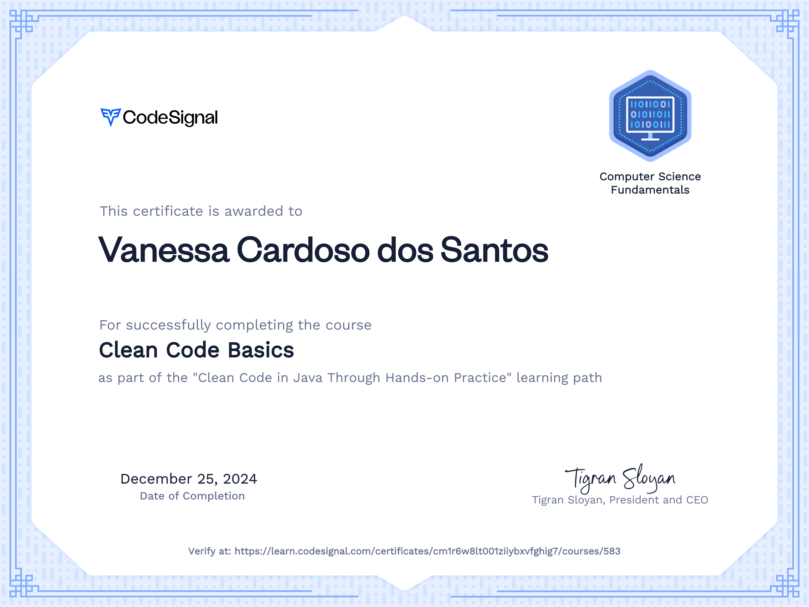 Course certificate for Clean Code Basics | CodeSignal Learn