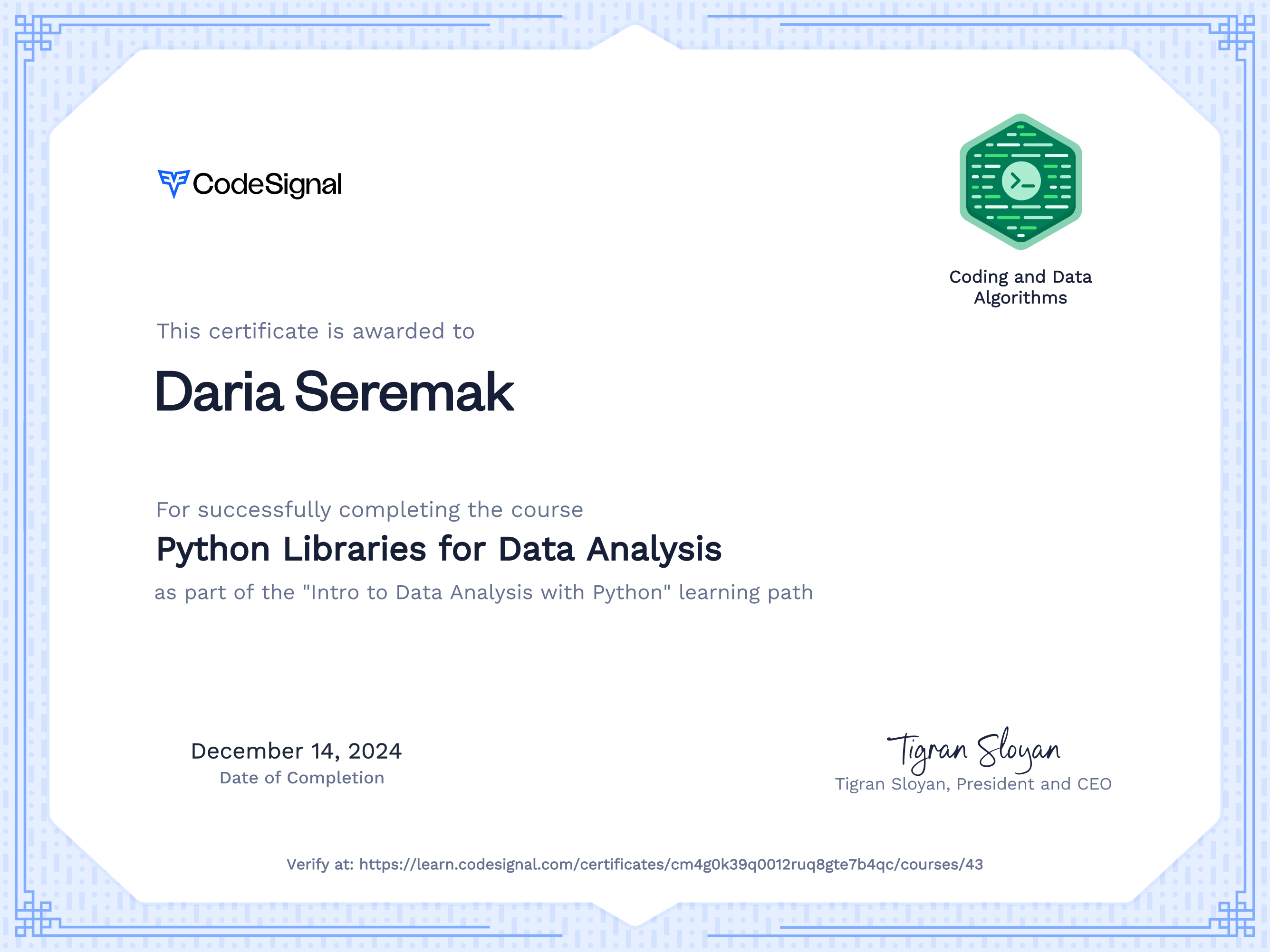 Course Certificate For Python Libraries For Data Analysis Codesignal Learn