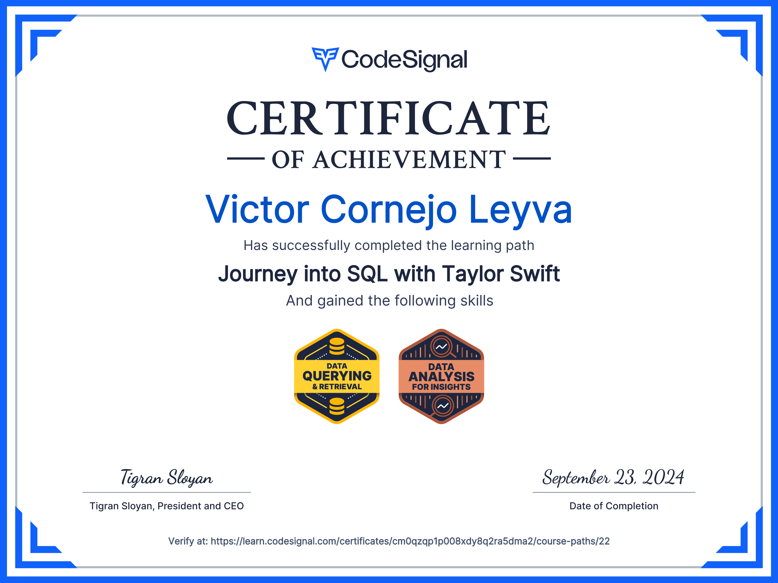 Path certificate for Journey into SQL with Taylor Swift | CodeSignal Learn