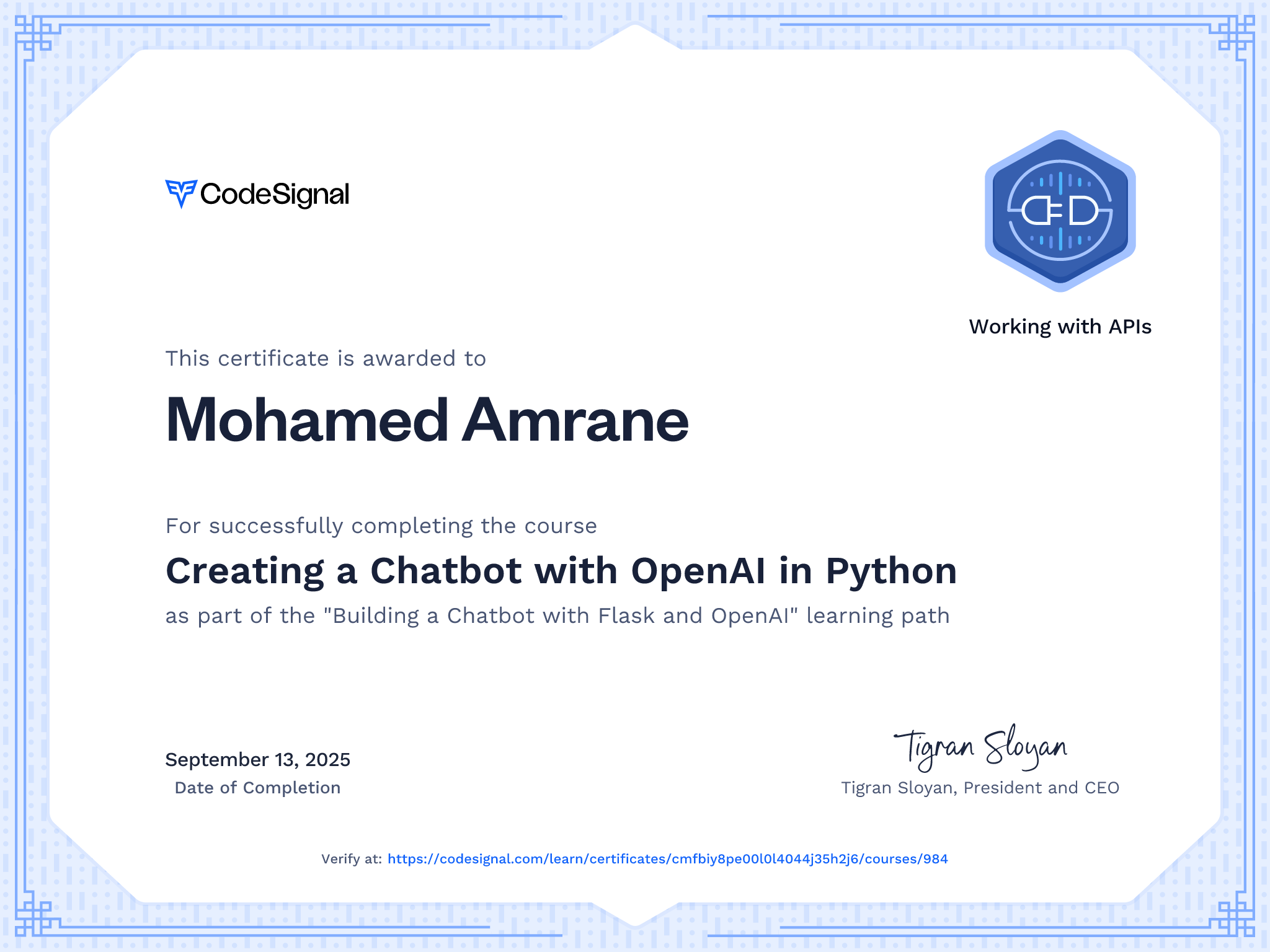 Course certificate for Creating a Chatbot with OpenAI in Python ...