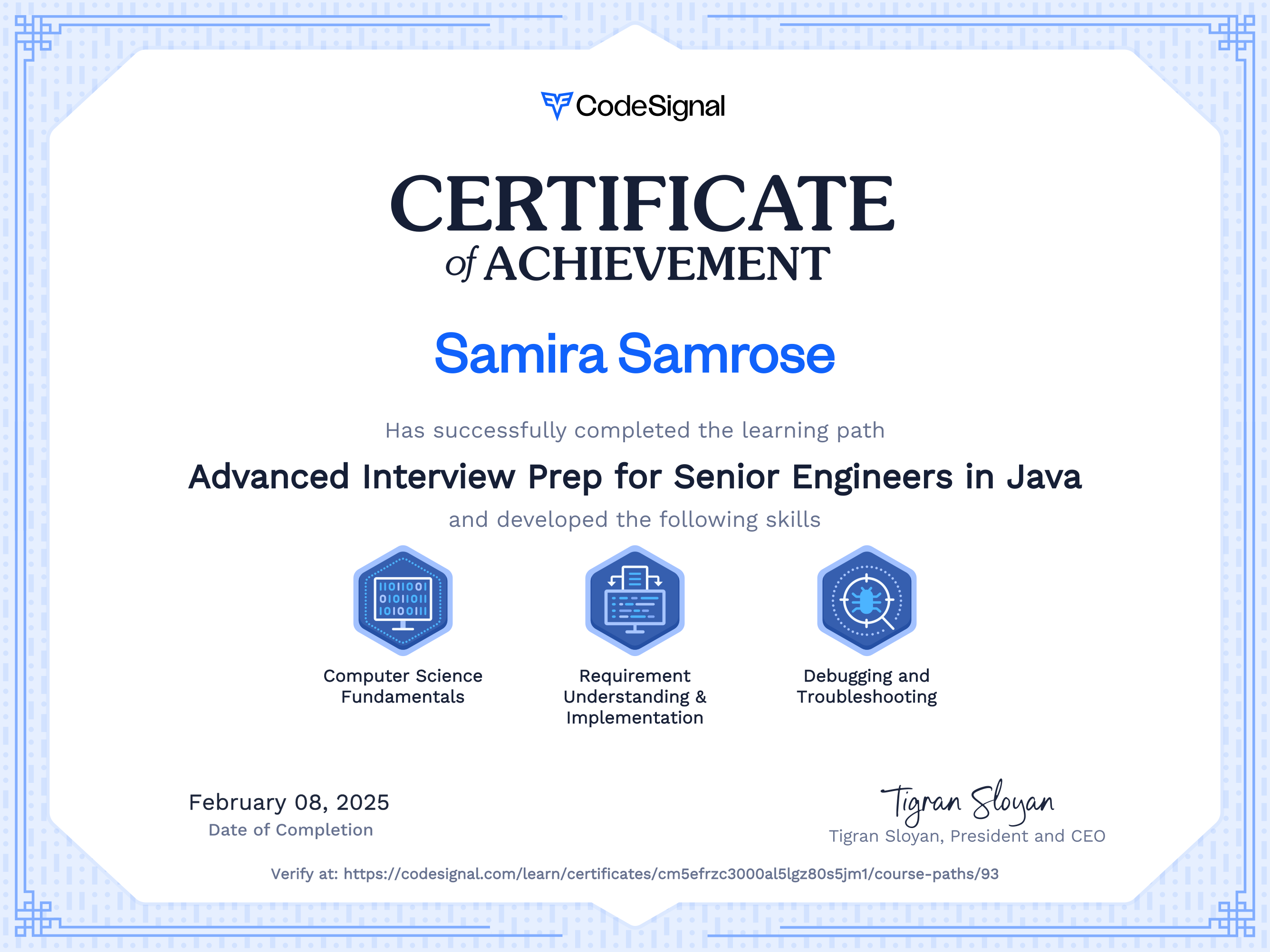 Path certificate for Advanced Interview Prep for Senior Engineers in Java | CodeSignal Learn