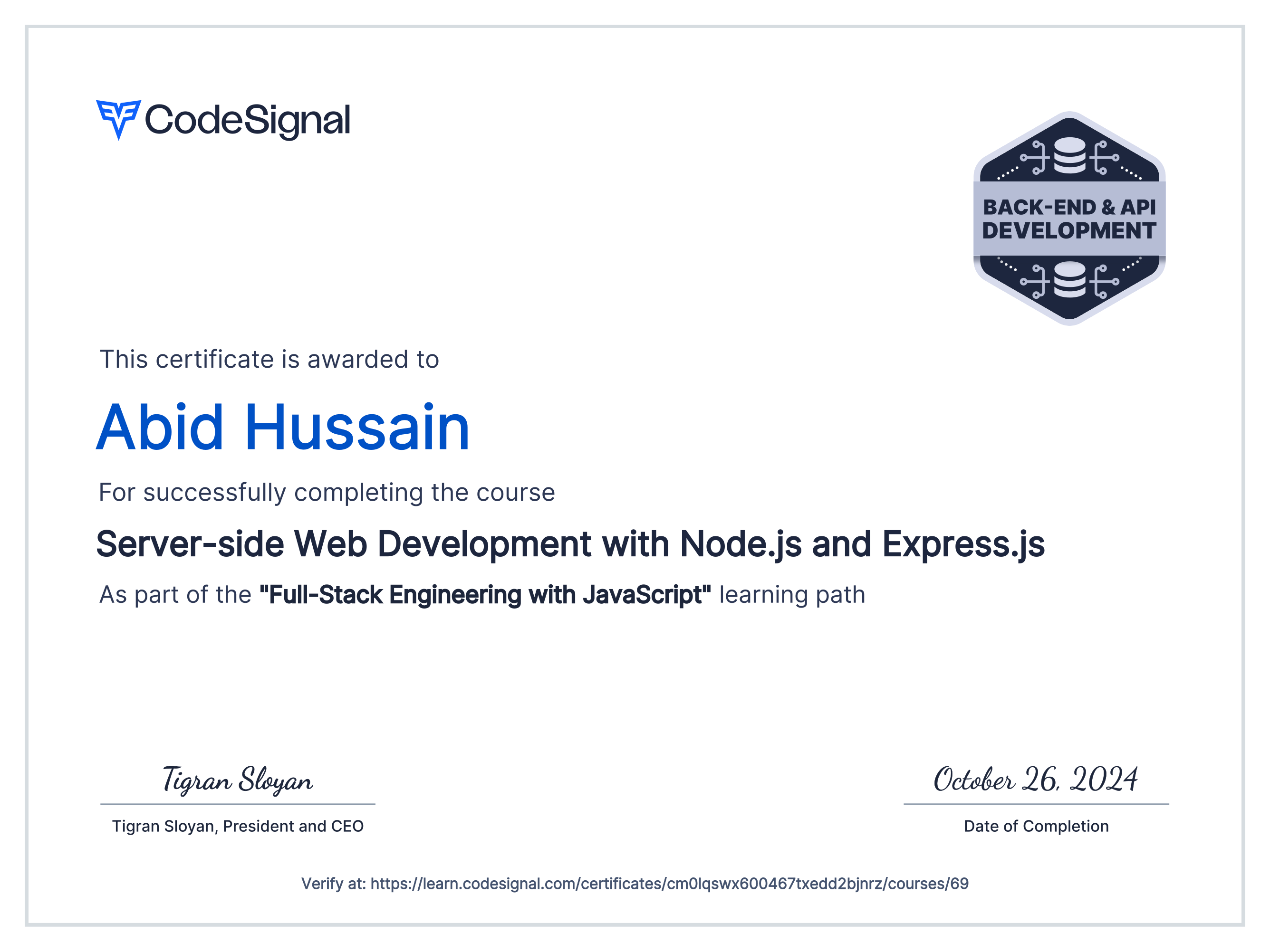 Course Certificate For Server Side Web Development With Nodejs And Expressjs Codesignal Learn