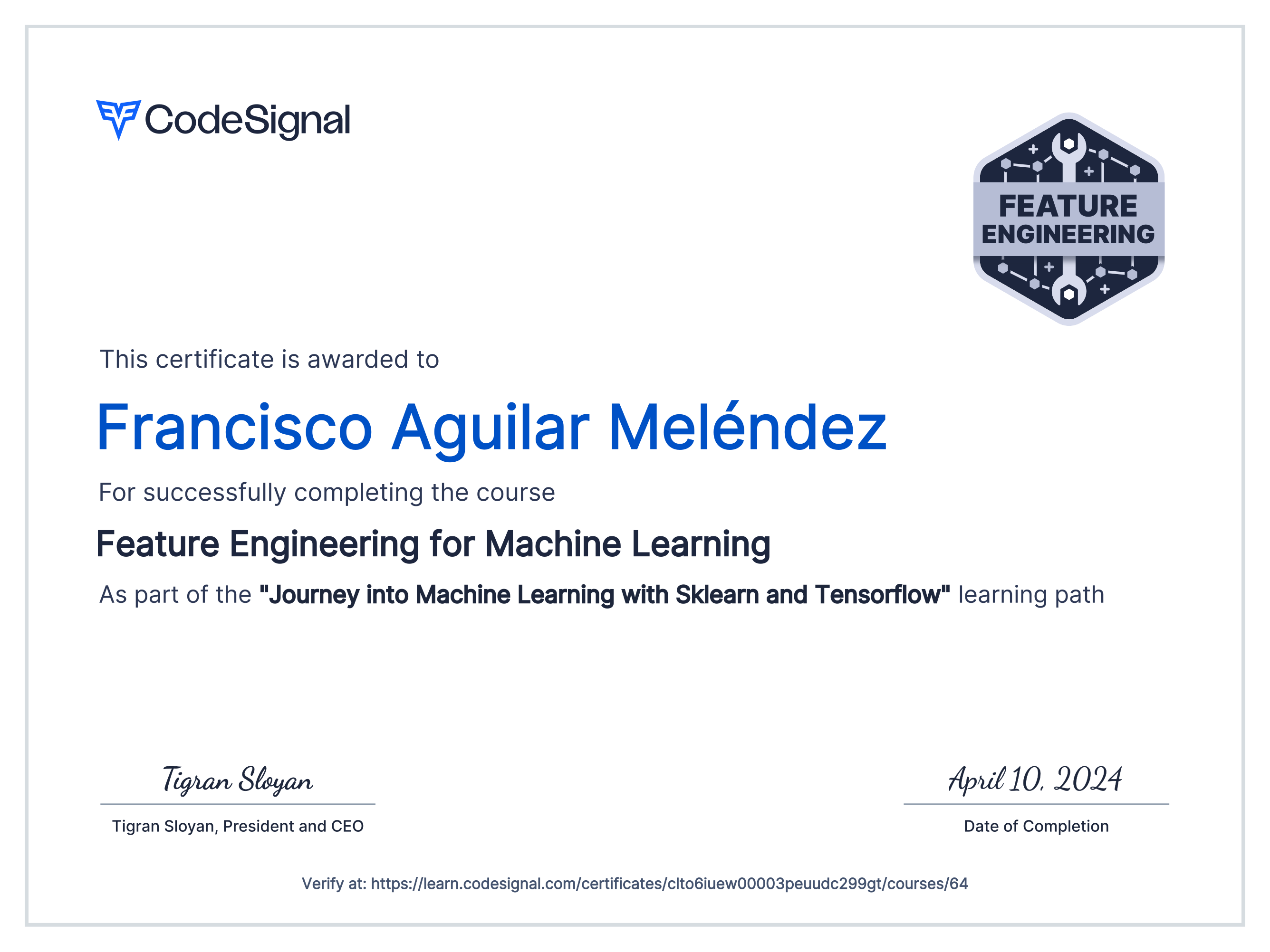 Course certificate for Feature Engineering for Machine Learning ...
