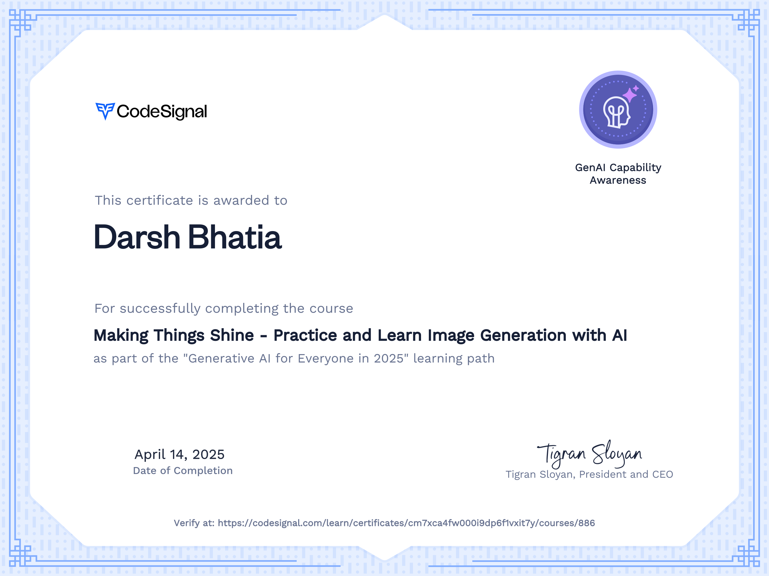Course certificate for Making Things Shine - Practice and Learn Image Generation with AI ...