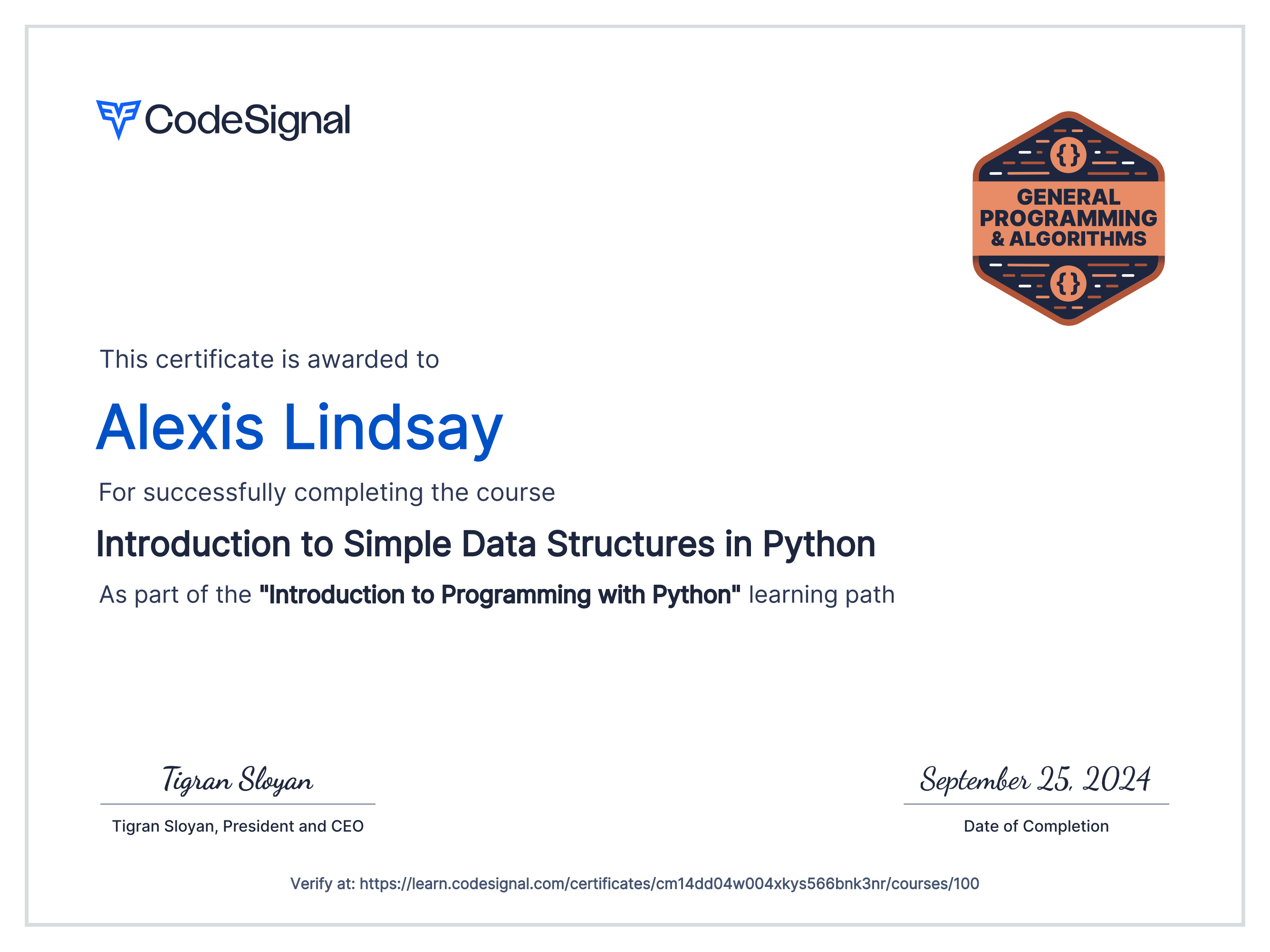 Course certificate for Introduction to Simple Data Structures in Python | CodeSignal Learn