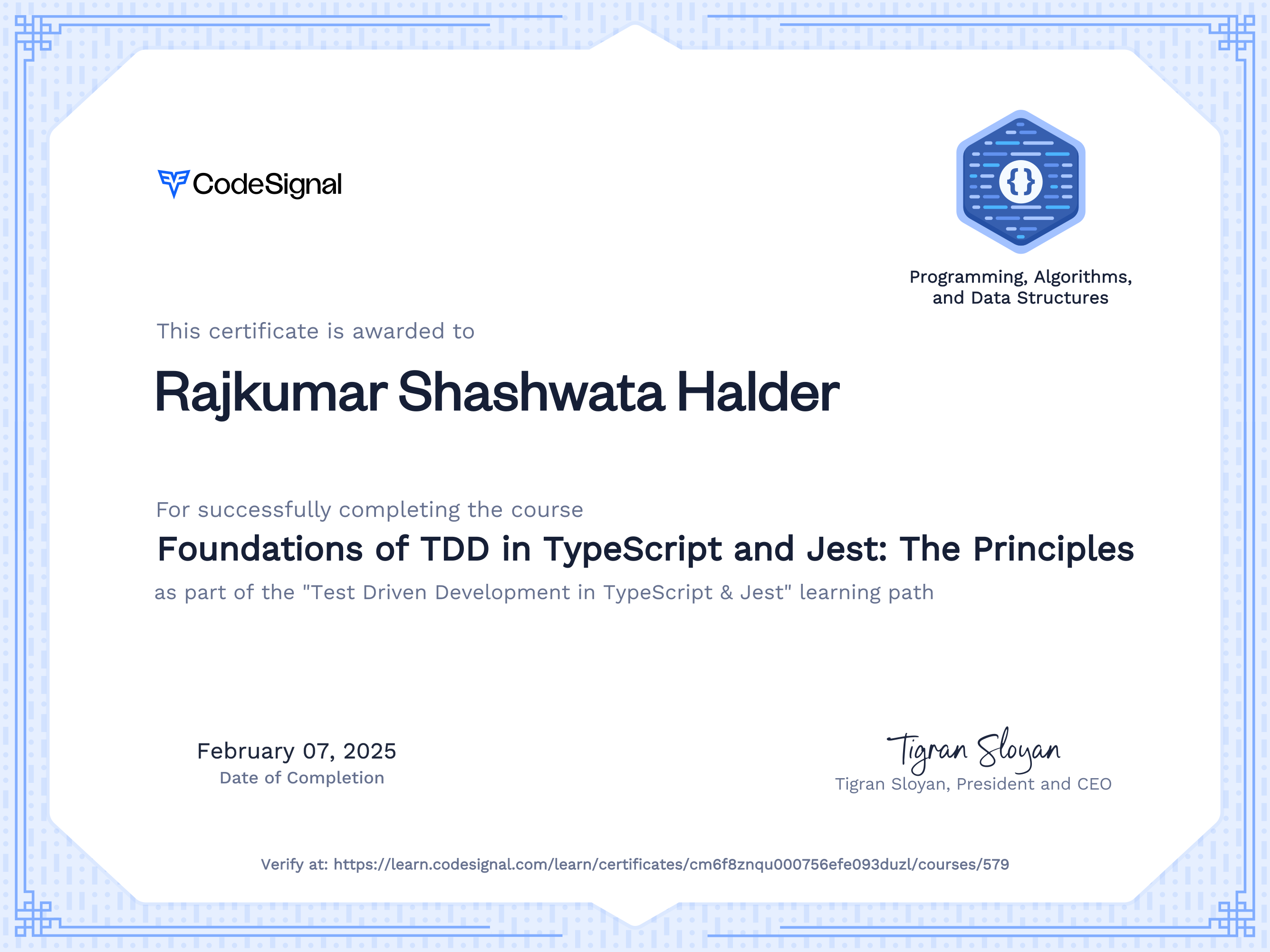 Course certificate for Foundations of TDD in TypeScript and Jest: The Principles | CodeSignal Learn