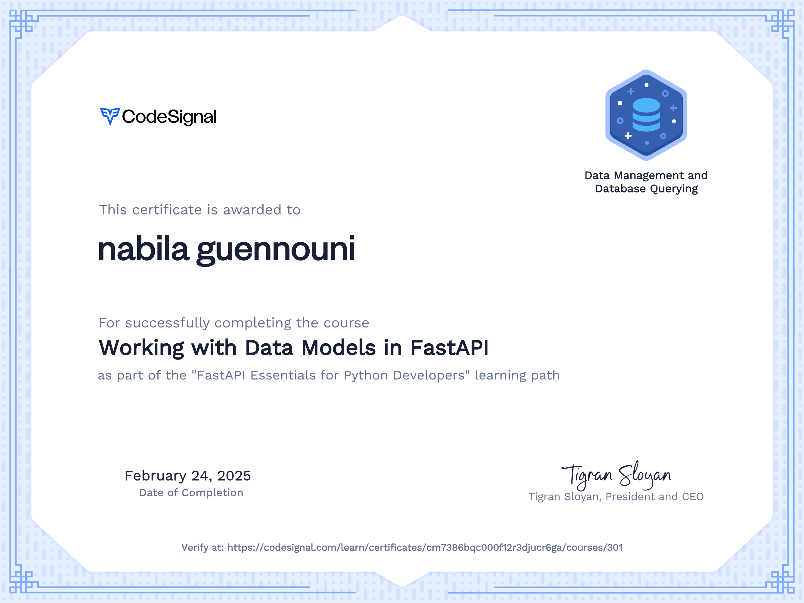 Course certificate for Working with Data Models in FastAPI | CodeSignal Learn