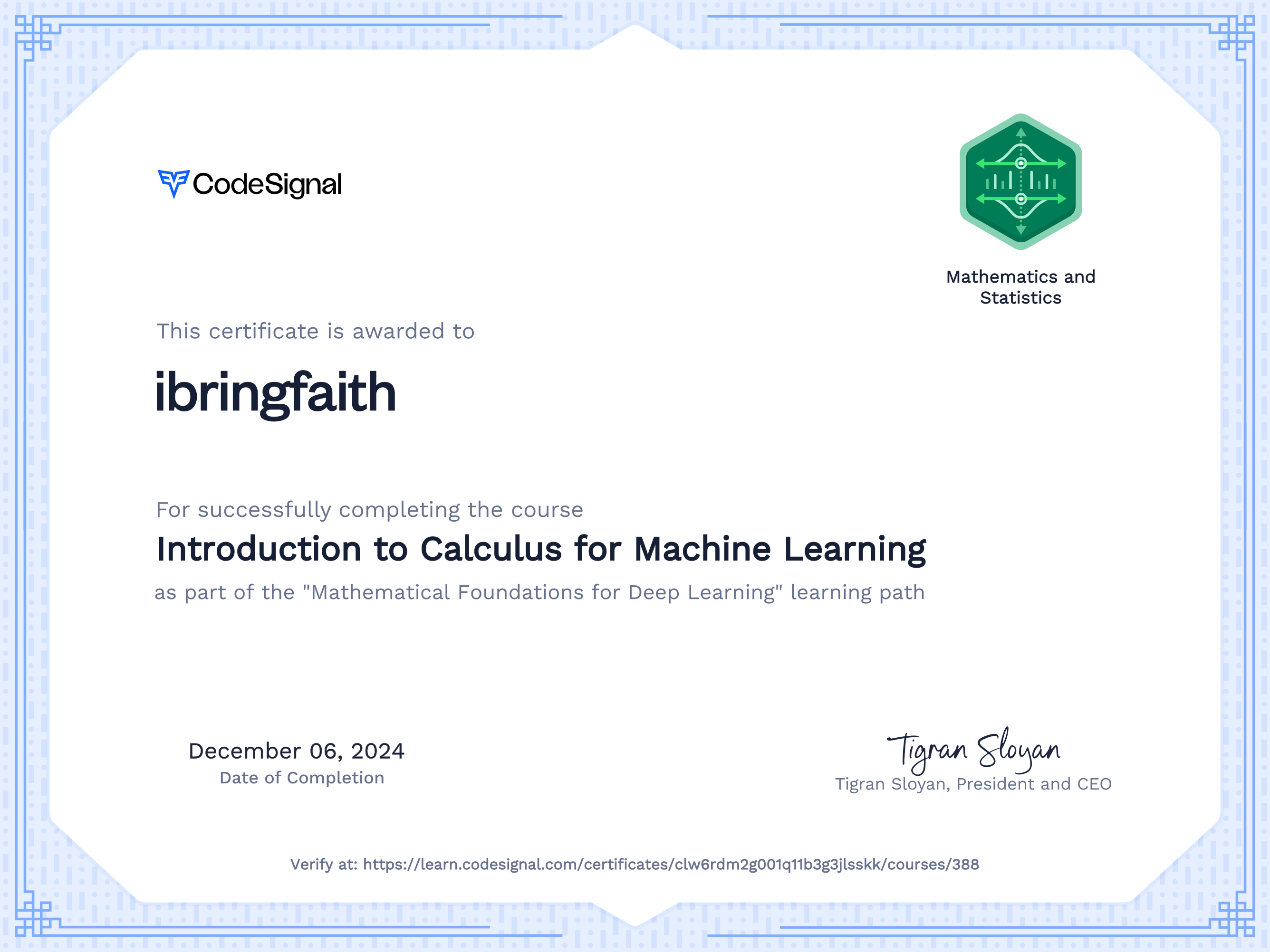 Course certificate for Introduction to Calculus for Machine Learning | CodeSignal Learn