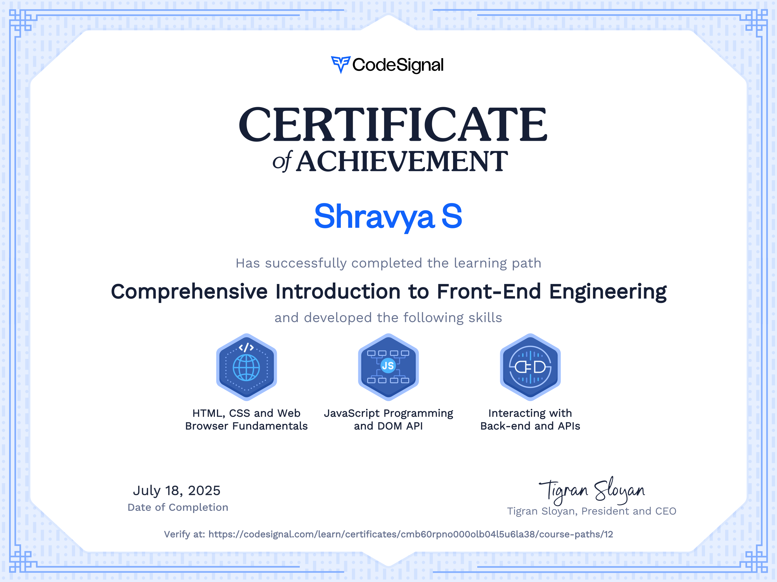 Path certificate for Comprehensive Introduction to Front-End Engineering | CodeSignal Learn
