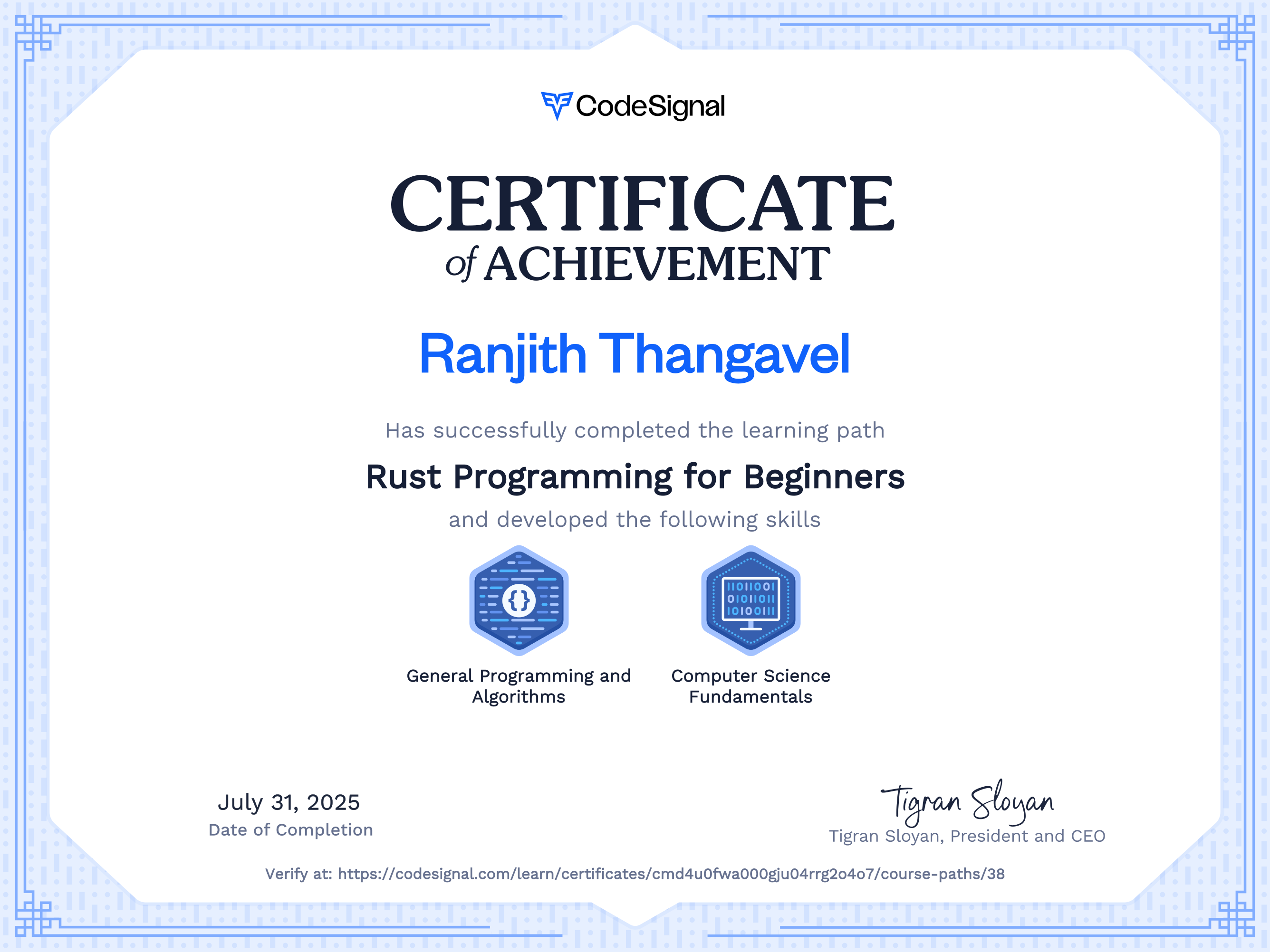 Path certificate for Rust Programming for Beginners | CodeSignal Learn