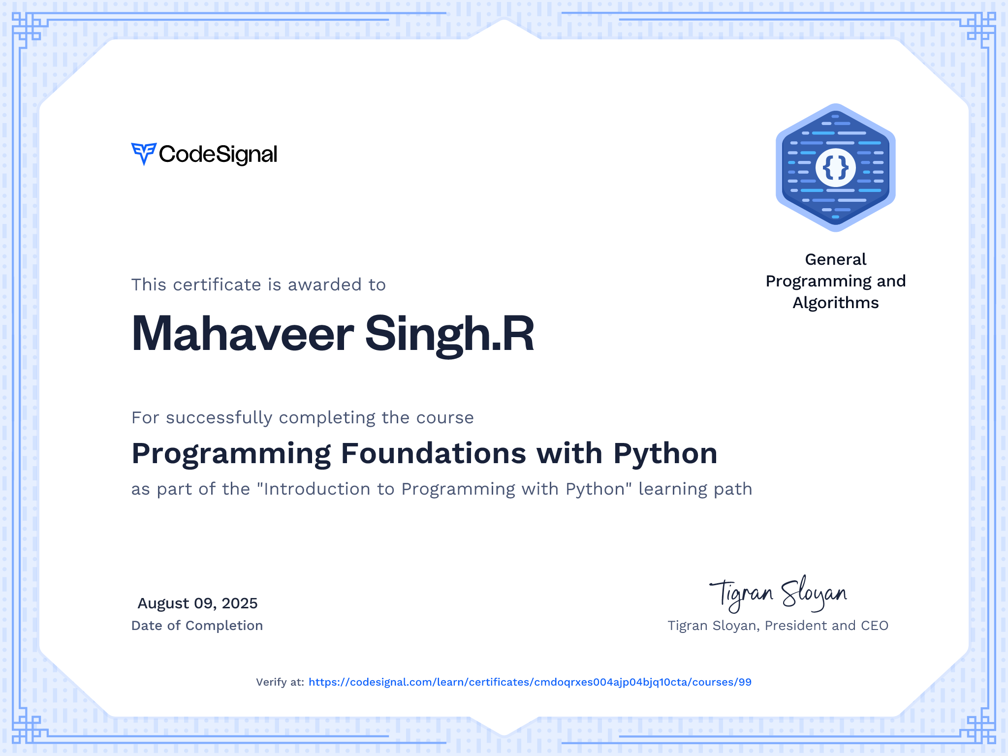 Course certificate for Programming Foundations with Python | CodeSignal Learn