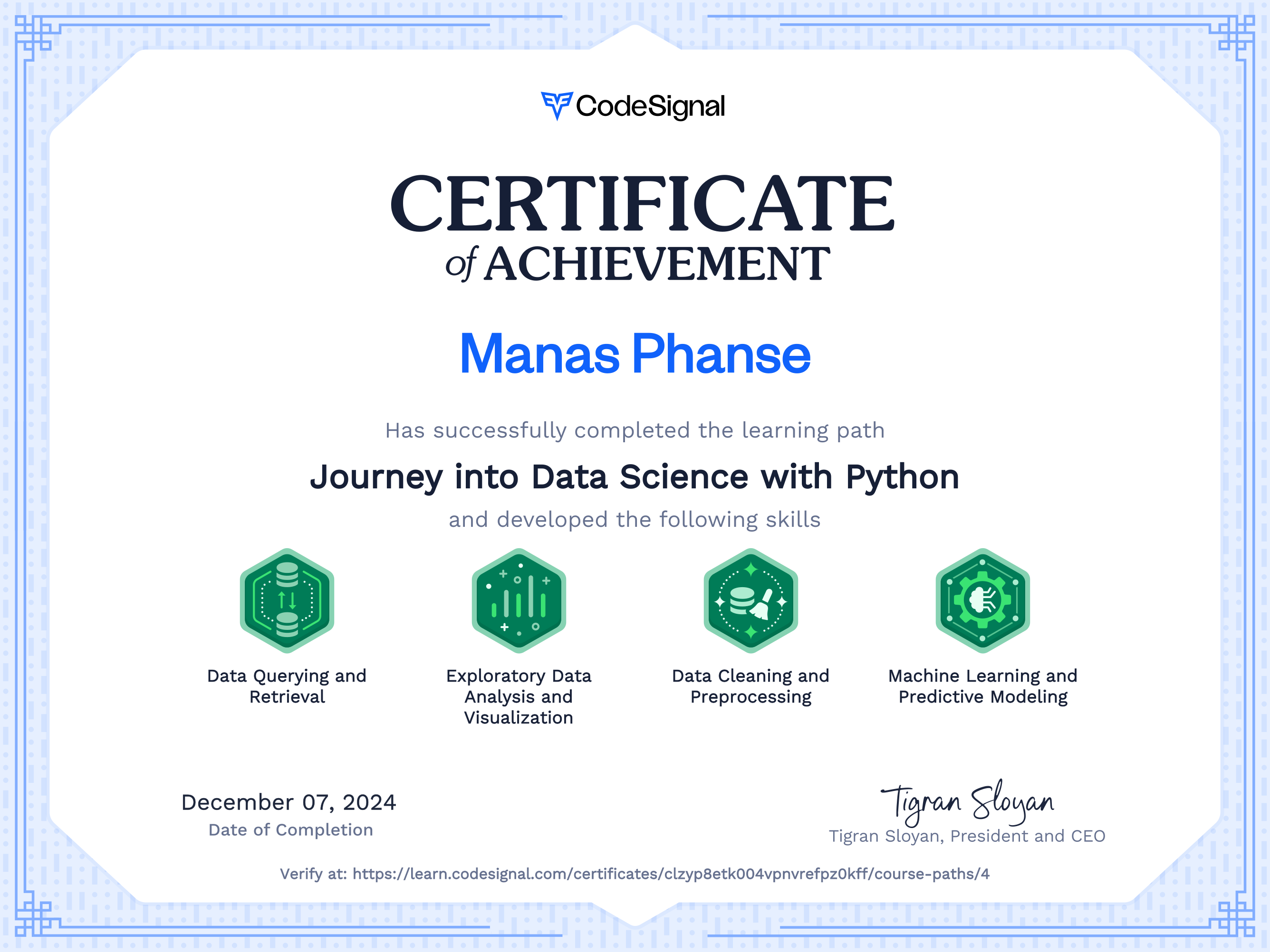 Path certificate for Journey into Data Science with Python | CodeSignal Learn