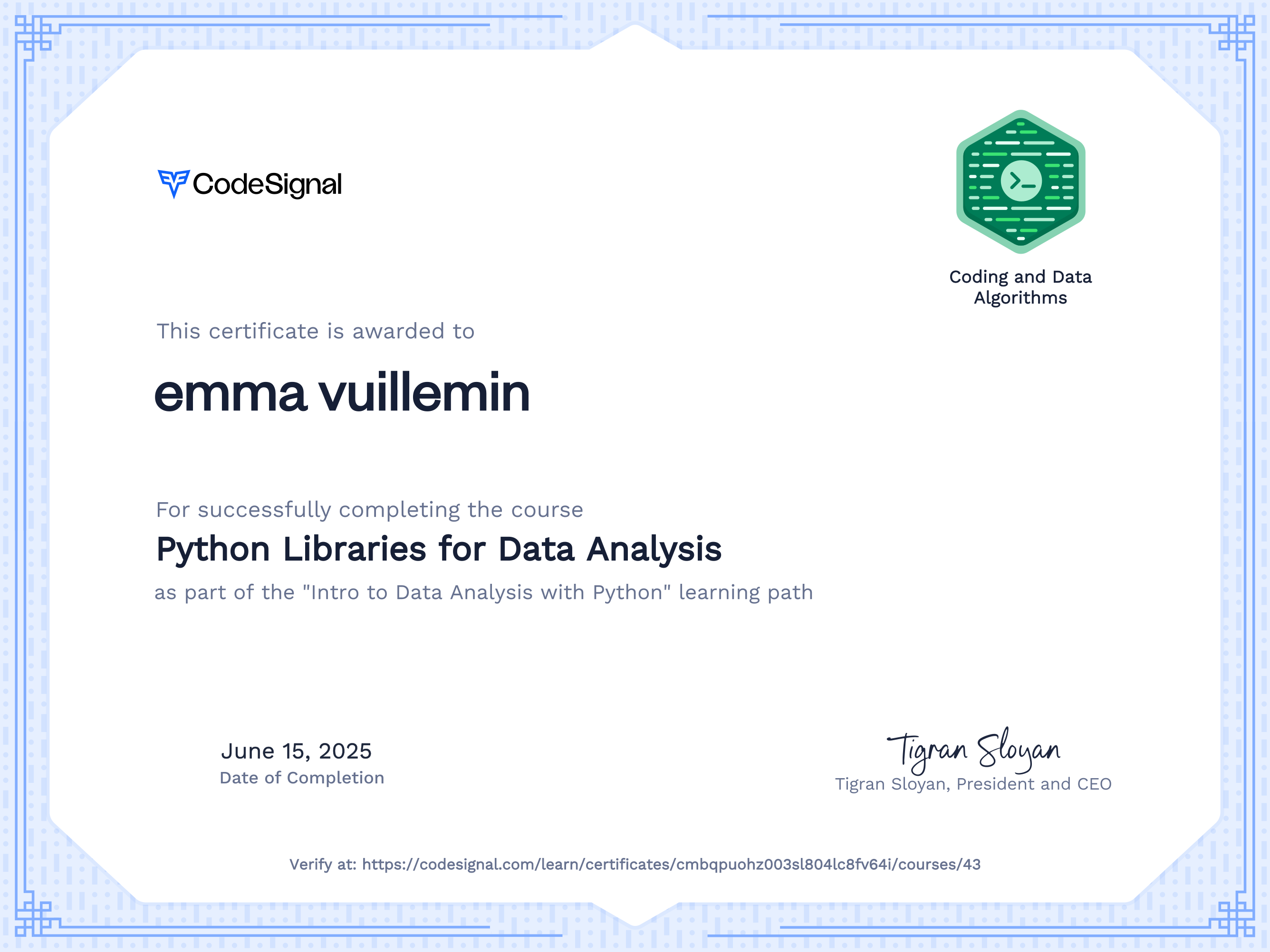 Course certificate for Python Libraries for Data Analysis | CodeSignal ...
