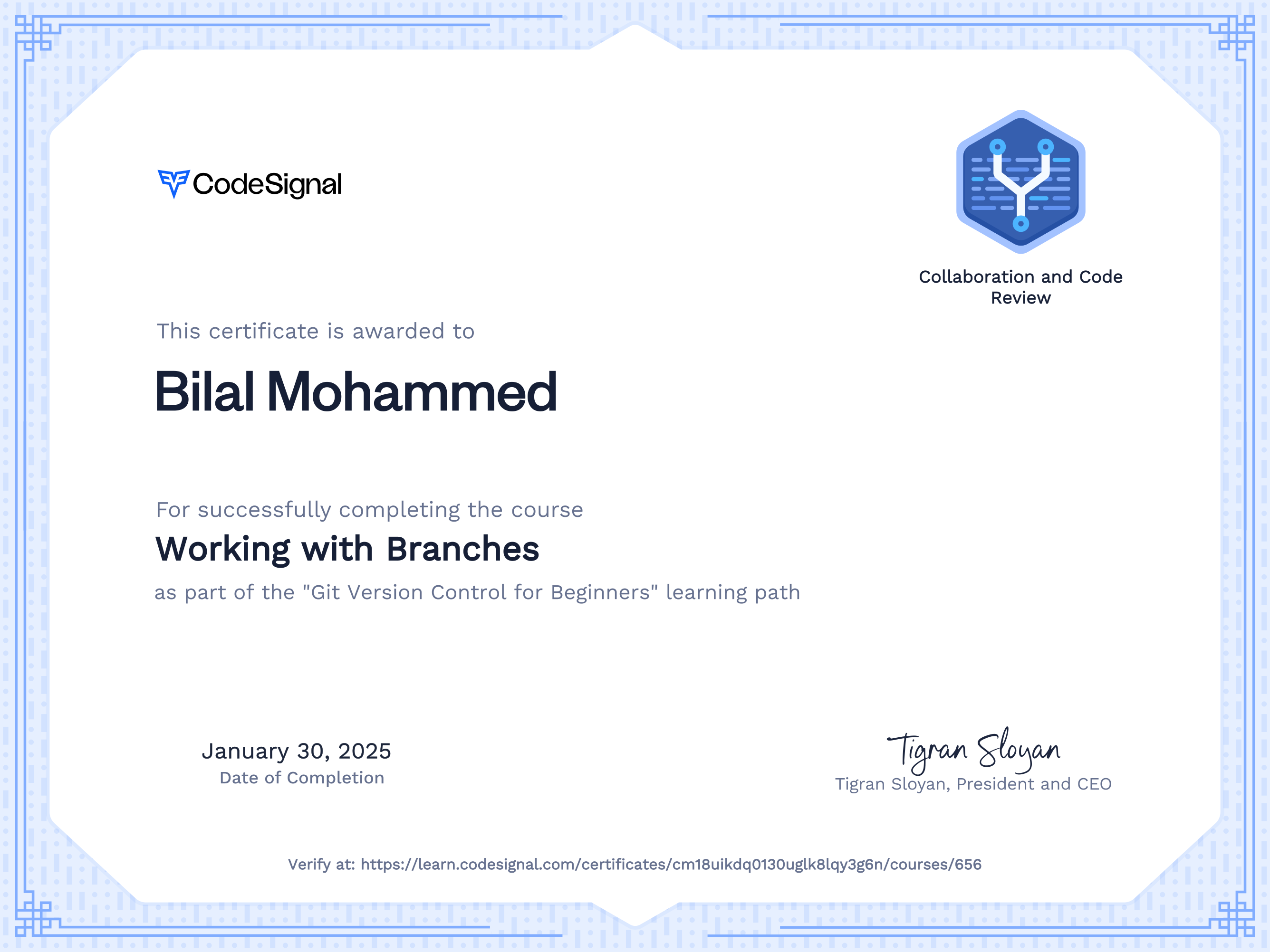 Course certificate for Working with Branches | CodeSignal Learn
