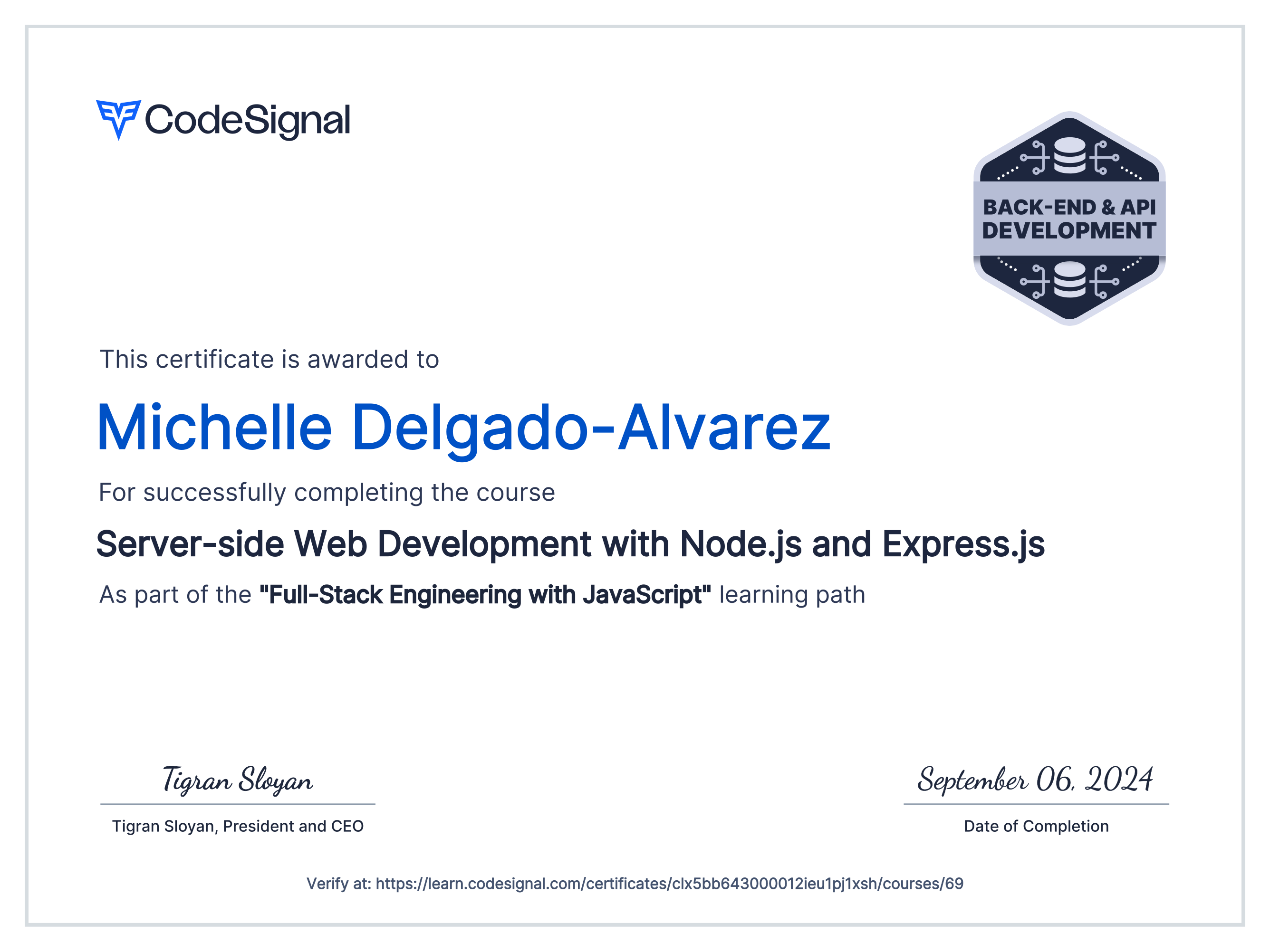 Course certificate for Server-side Web Development with Node.js and Express.js | CodeSignal Learn