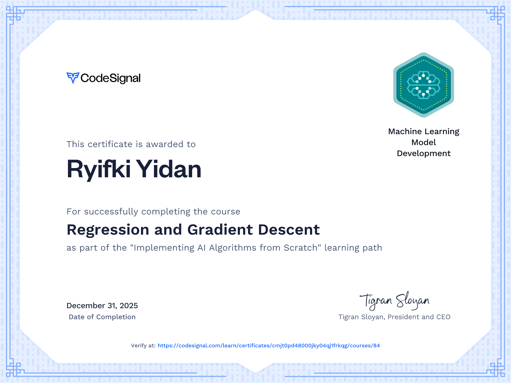 Course certificate for Regression and Gradient Descent | CodeSignal Learn