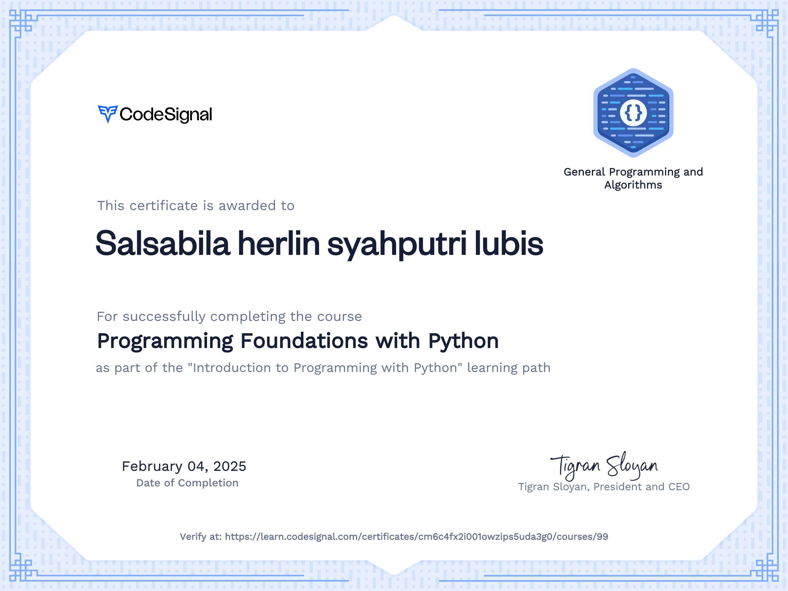 Course certificate for Programming Foundations with Python | CodeSignal Learn