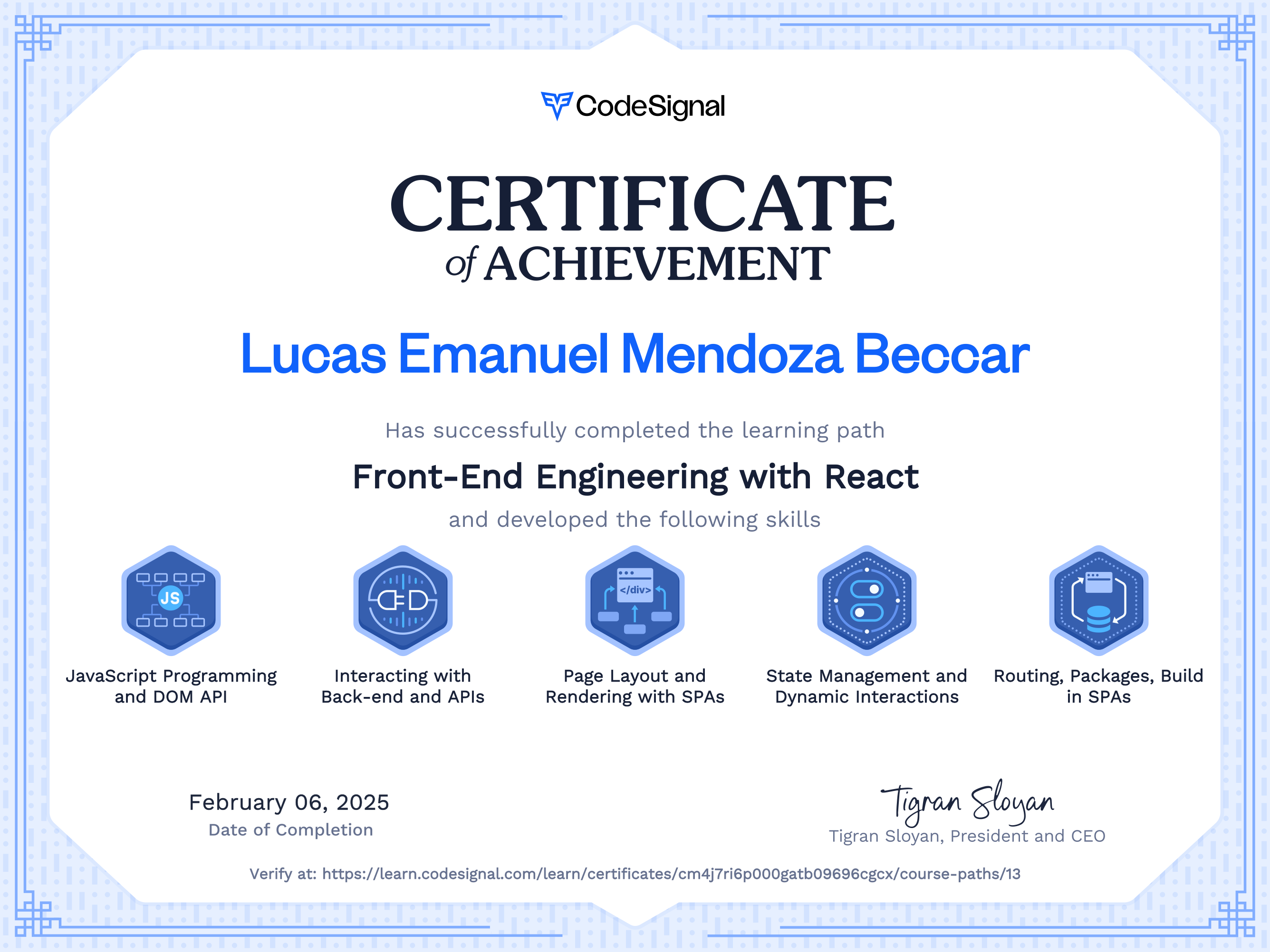 Path certificate for Front-End Engineering with React | CodeSignal Learn