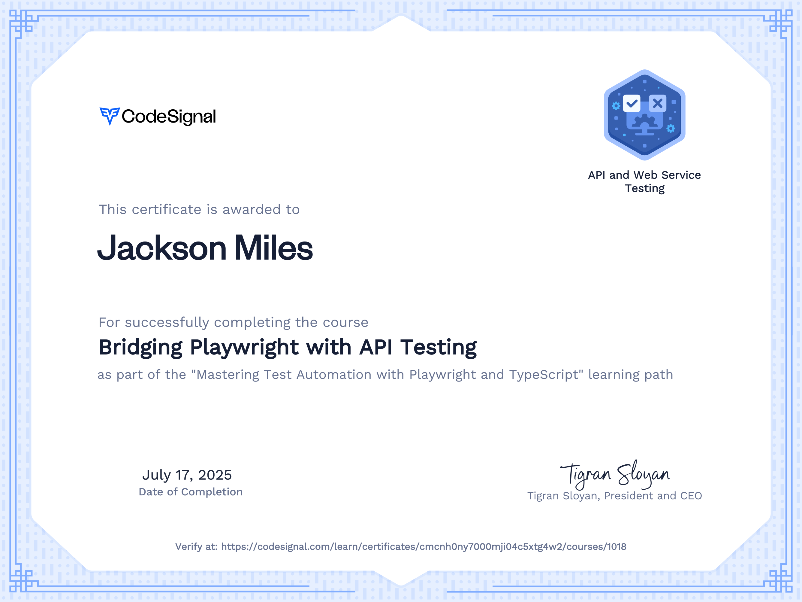 Course certificate for Bridging Playwright with API Testing ...
