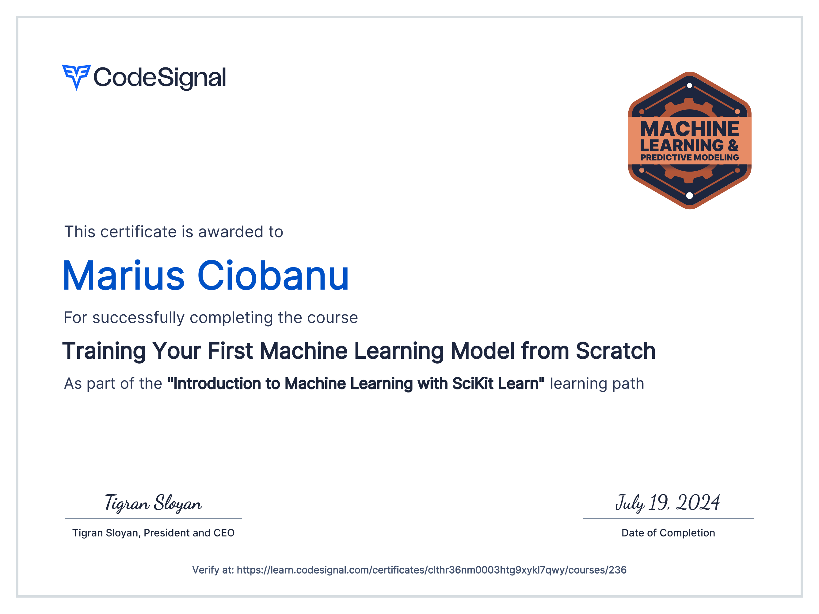 Course certificate for Training Your First Machine Learning Model from ...