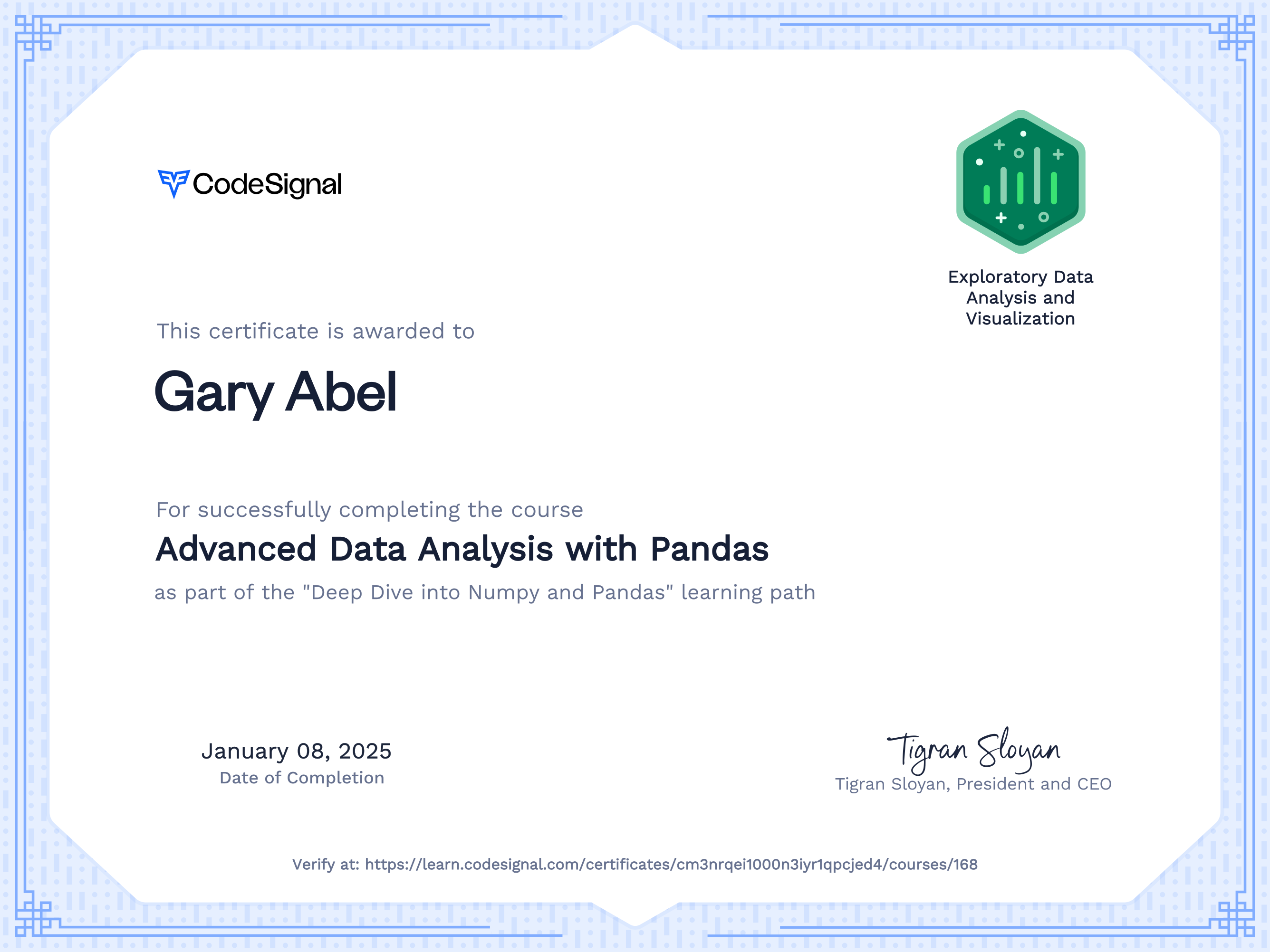 Course certificate for Advanced Data Analysis with Pandas | CodeSignal Learn