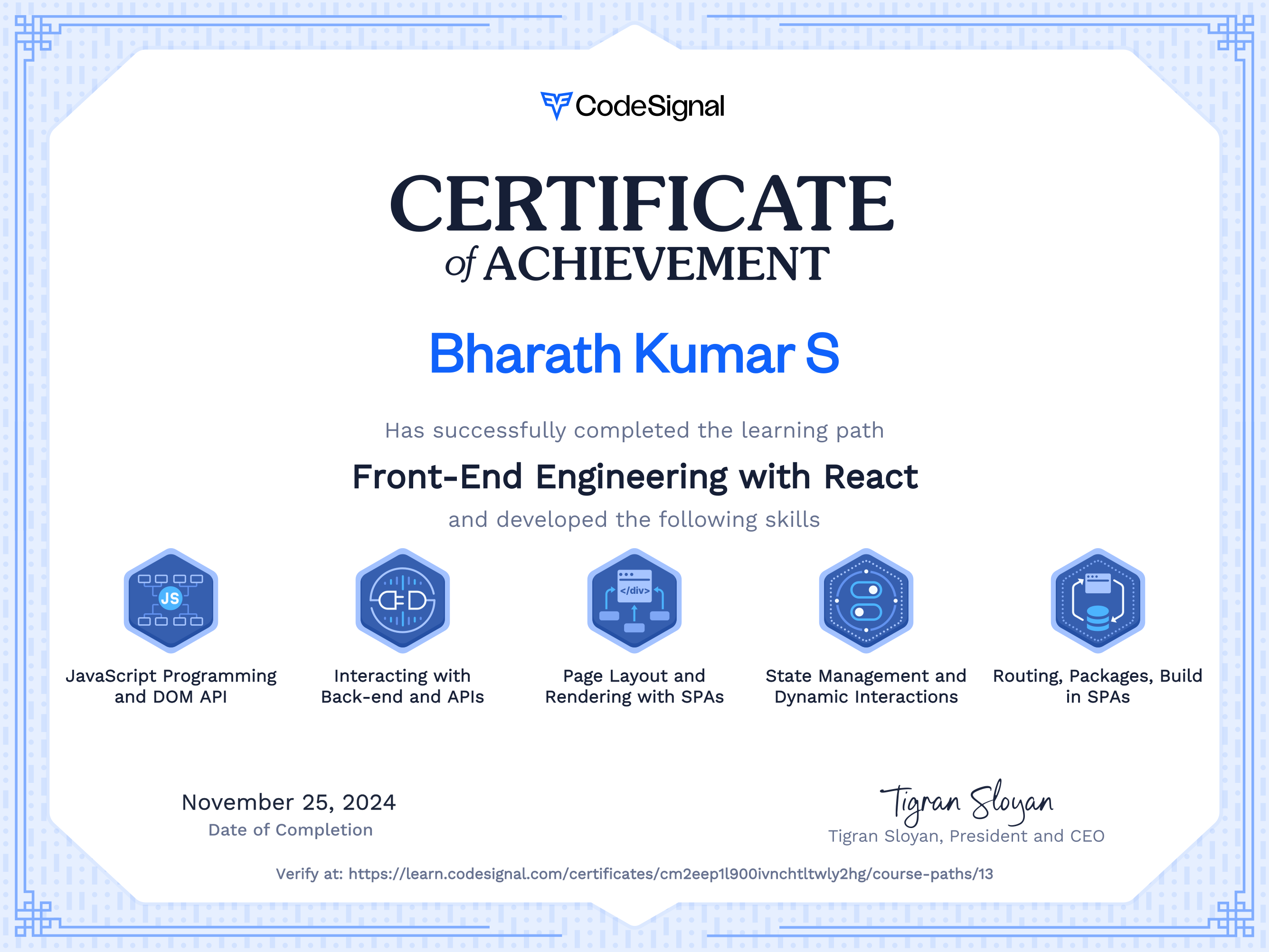 Path certificate for Front-End Engineering with React | CodeSignal Learn