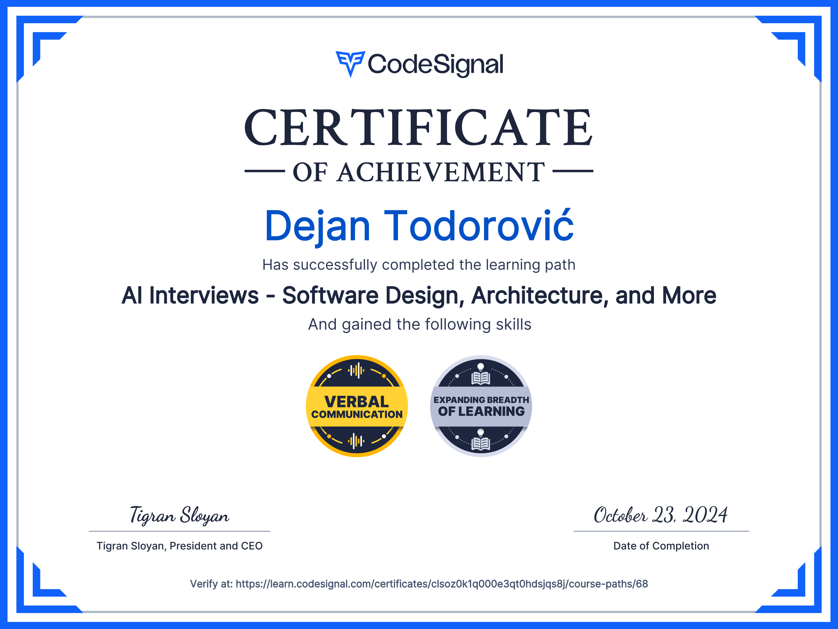 Path certificate for AI Interviews - Software Design, Architecture, and More | CodeSignal Learn