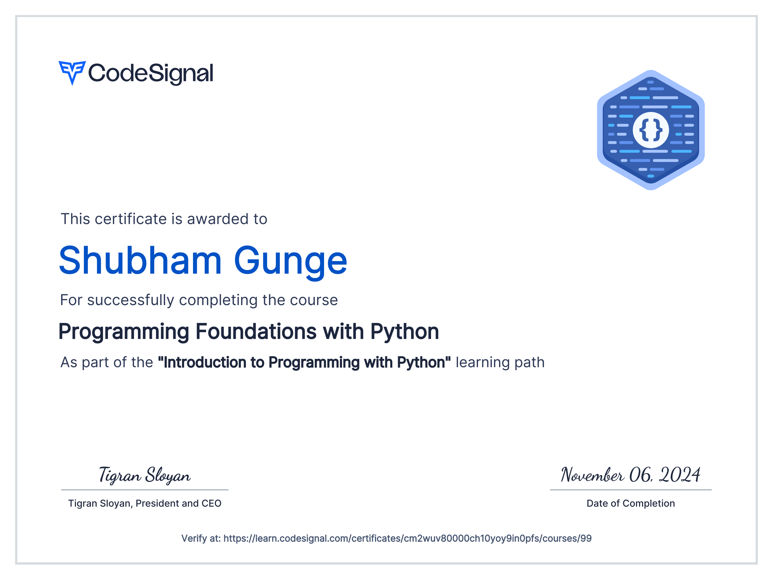 Course certificate for Programming Foundations with Python | CodeSignal Learn