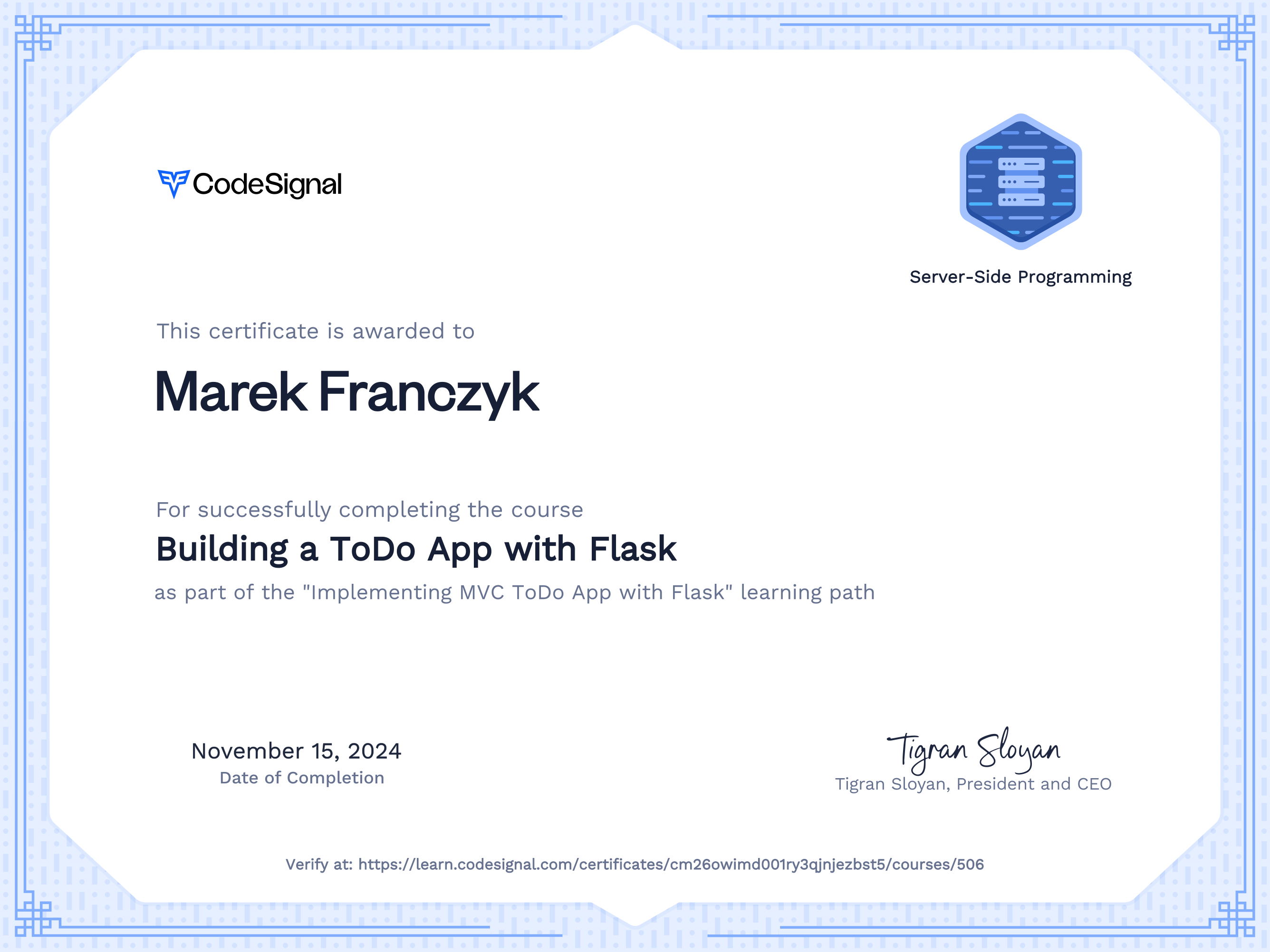Course certificate for Building a ToDo App with Flask | CodeSignal Learn
