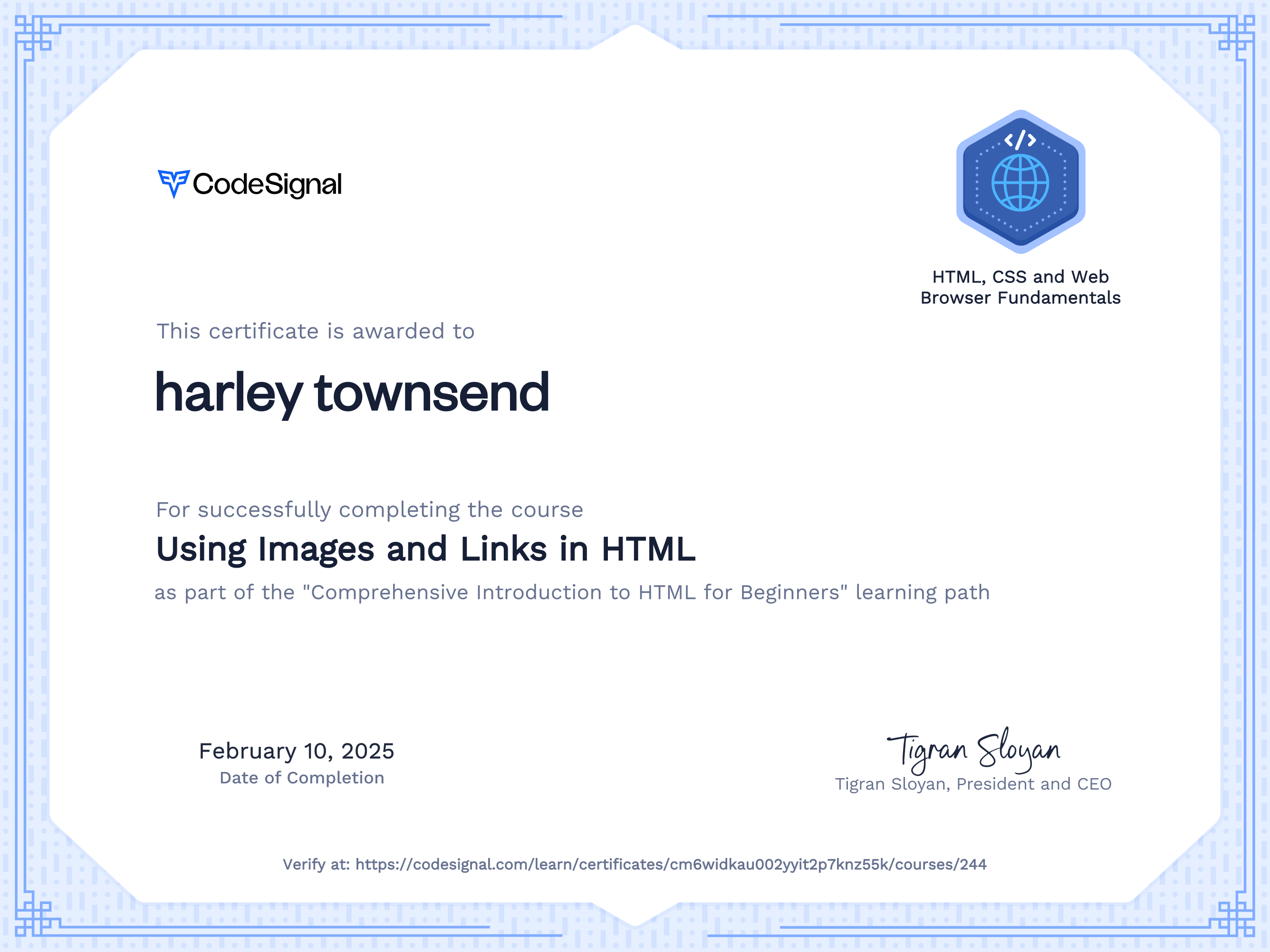 Course certificate for Using Images and Links in HTML | CodeSignal Learn
