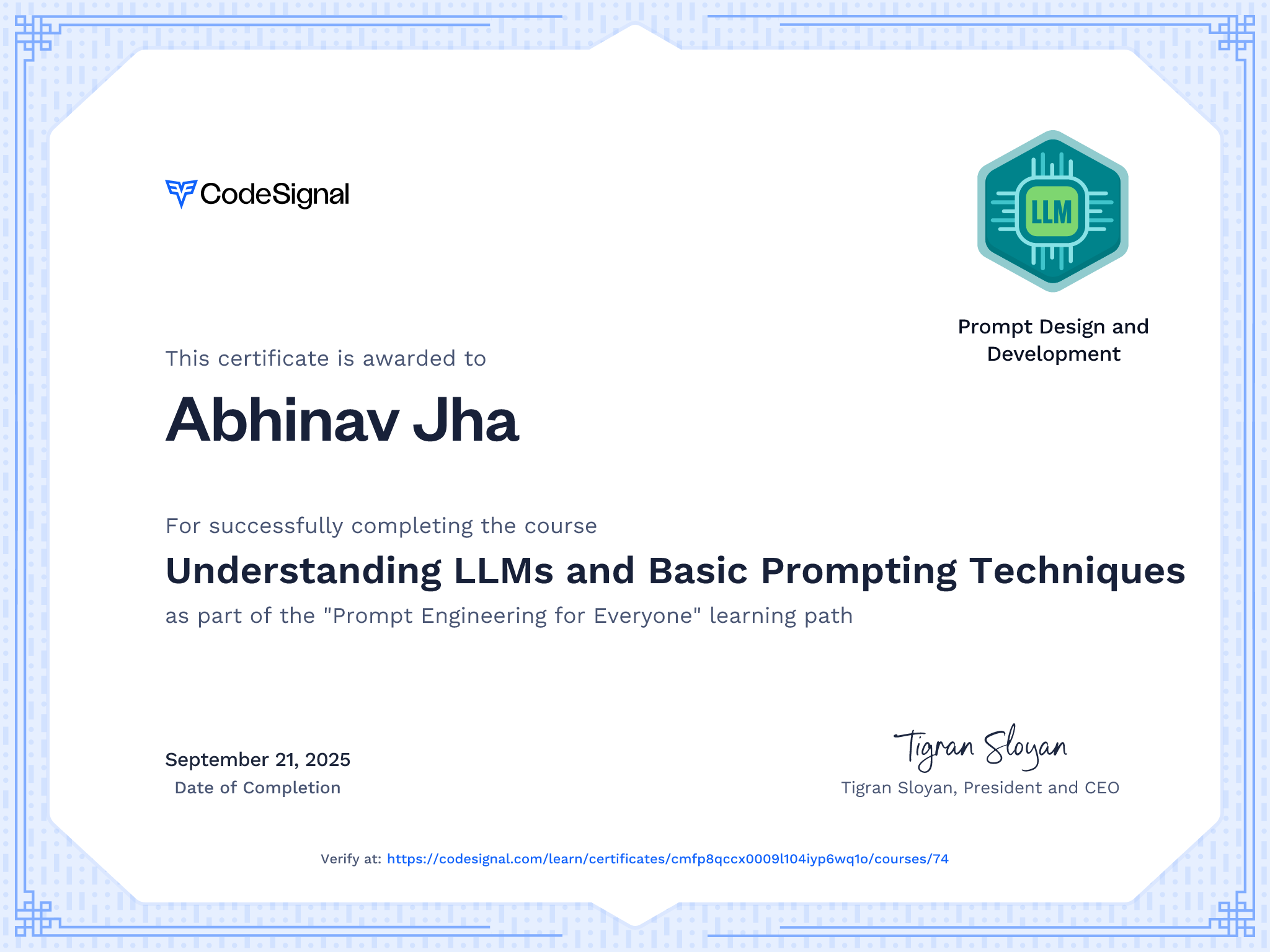 Course certificate for Understanding LLMs and Basic Prompting Techniques | CodeSignal Learn