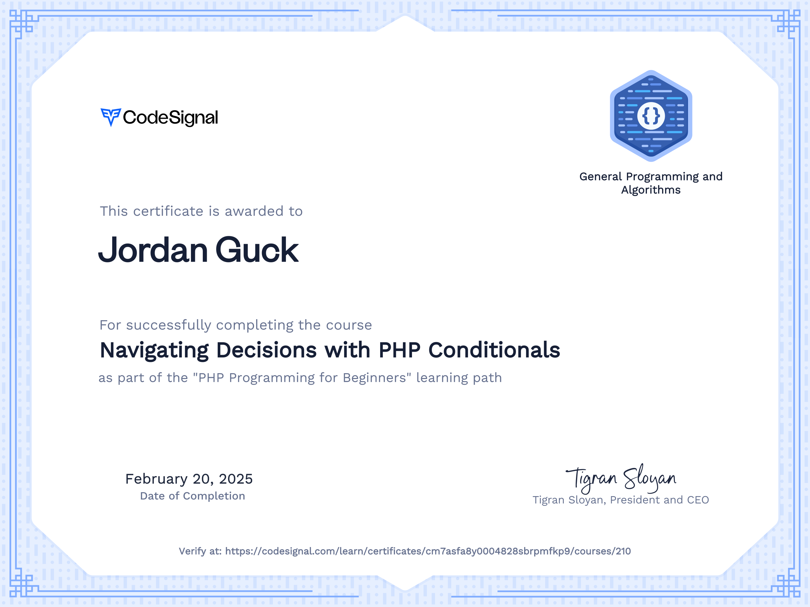 Course certificate for Navigating Decisions with PHP Conditionals | CodeSignal Learn