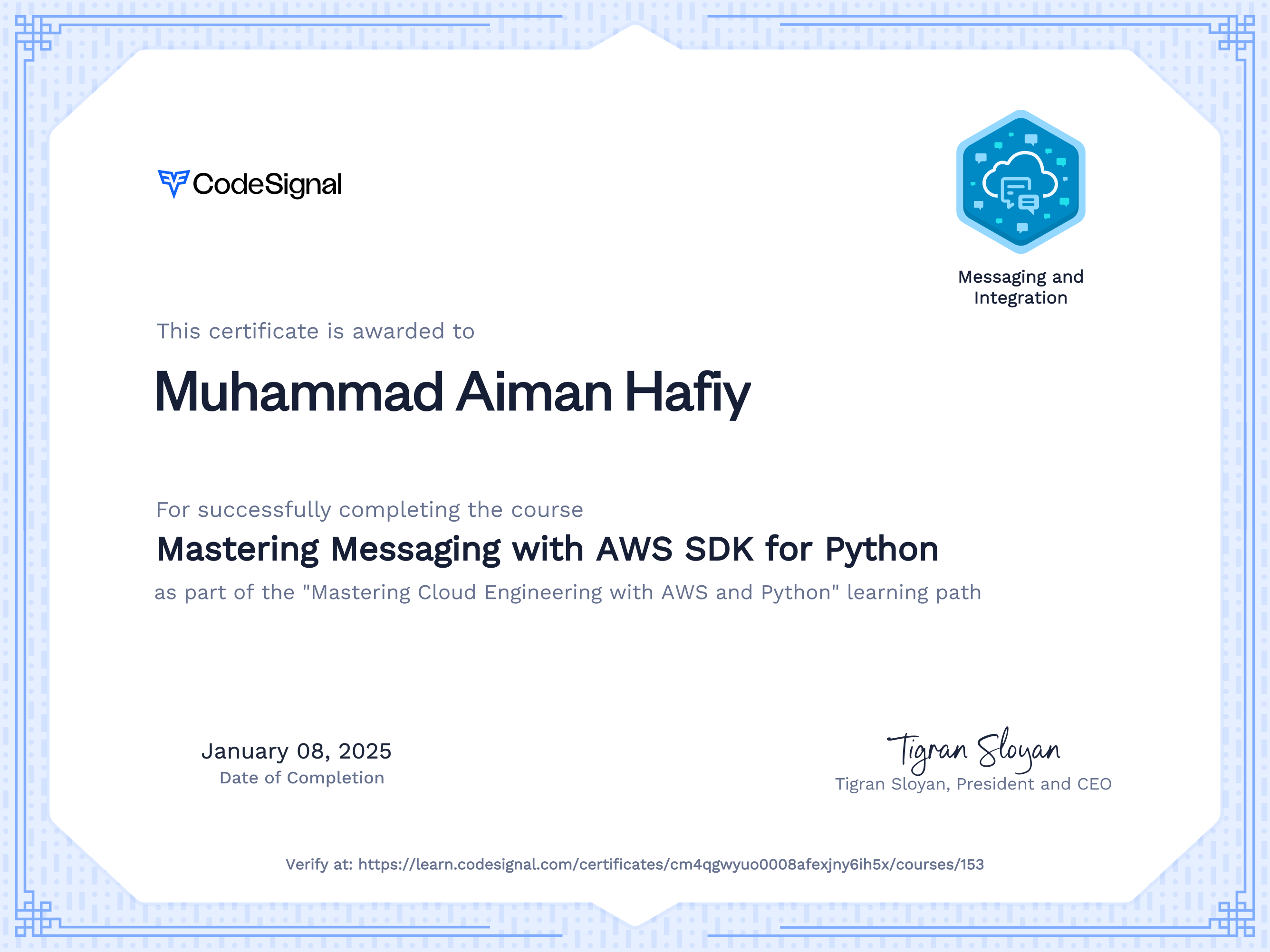 Course certificate for Mastering Messaging with AWS SDK for Python | CodeSignal Learn
